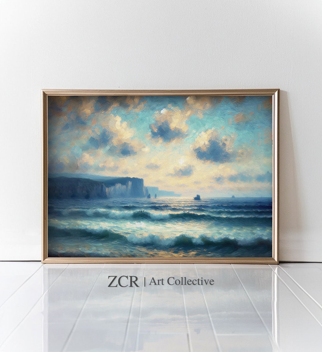 Impressionist Blue Wall Art Seascape Painting, Vintage Oil Painting ...