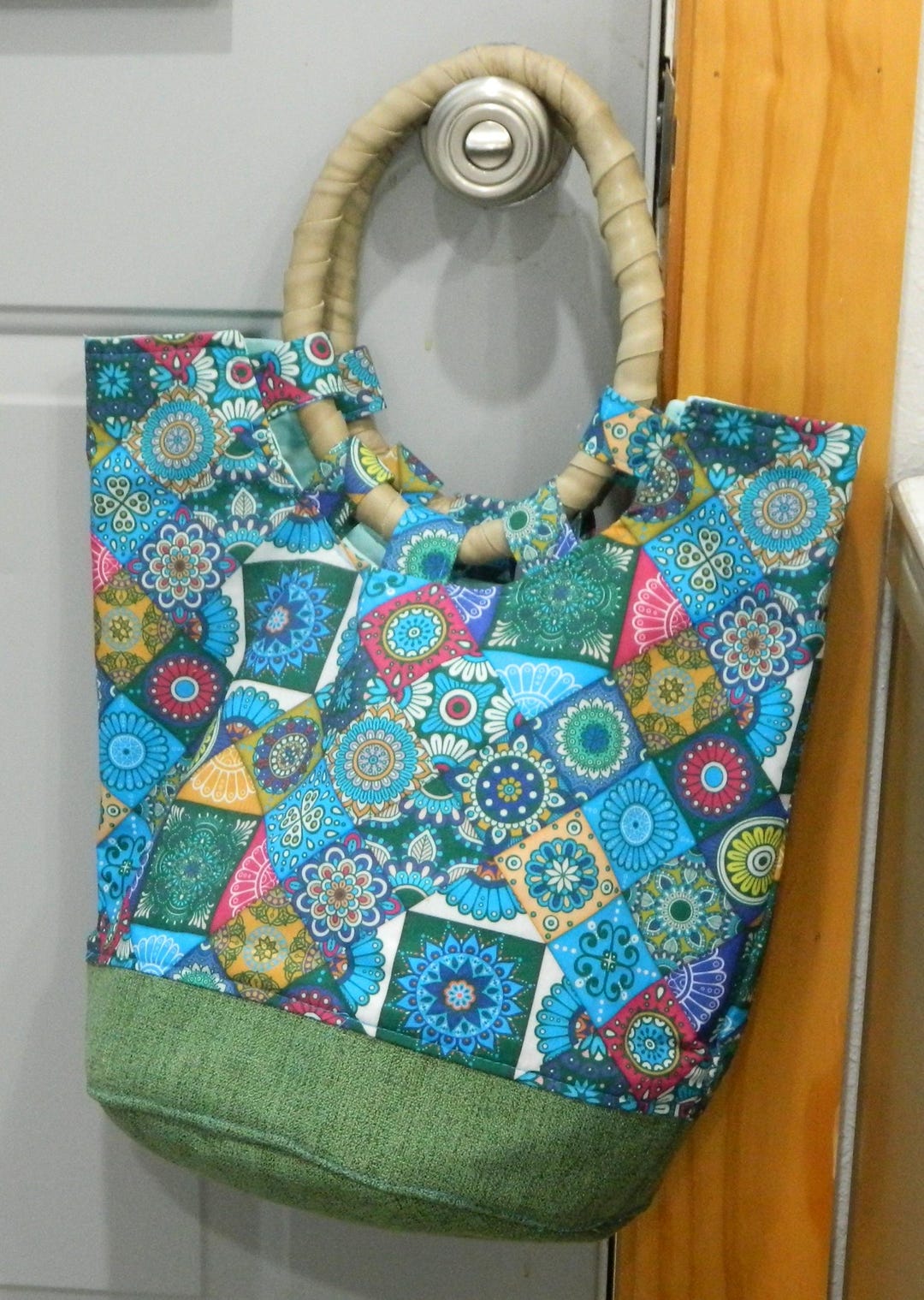 Colorful Handmade Barrel Style Purse or Tote With Leather Wrapped ...