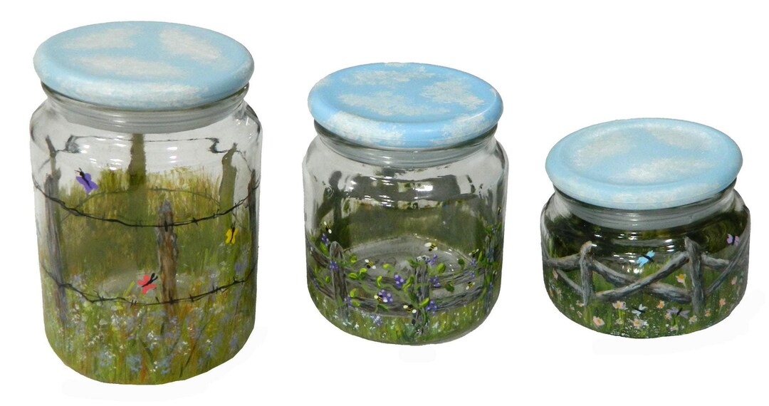 Hand Painted Glass Canister Set: Rustic Kitchen Storage - Etsy