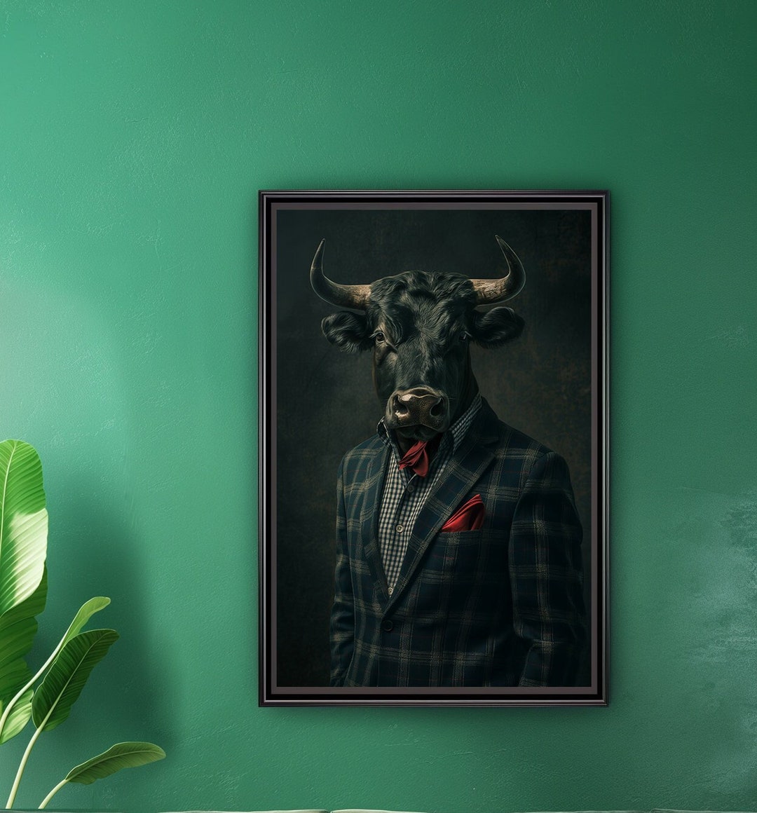Black Bull Wall Art, Bull in Suit Print, Bull Printable, Print Animal ...