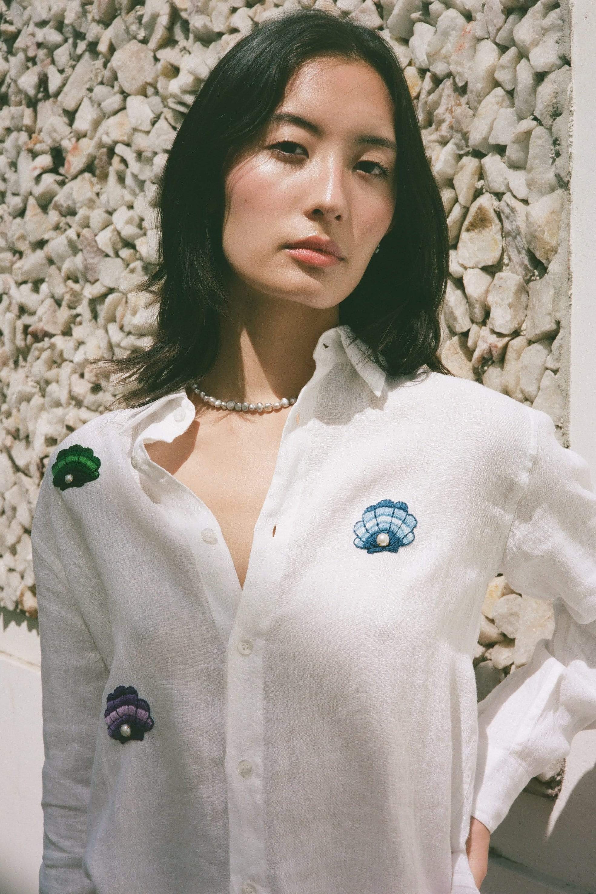 Hand Embroidered Seashells White Linen Shirt, 100% Linen Shirt, Made in ...