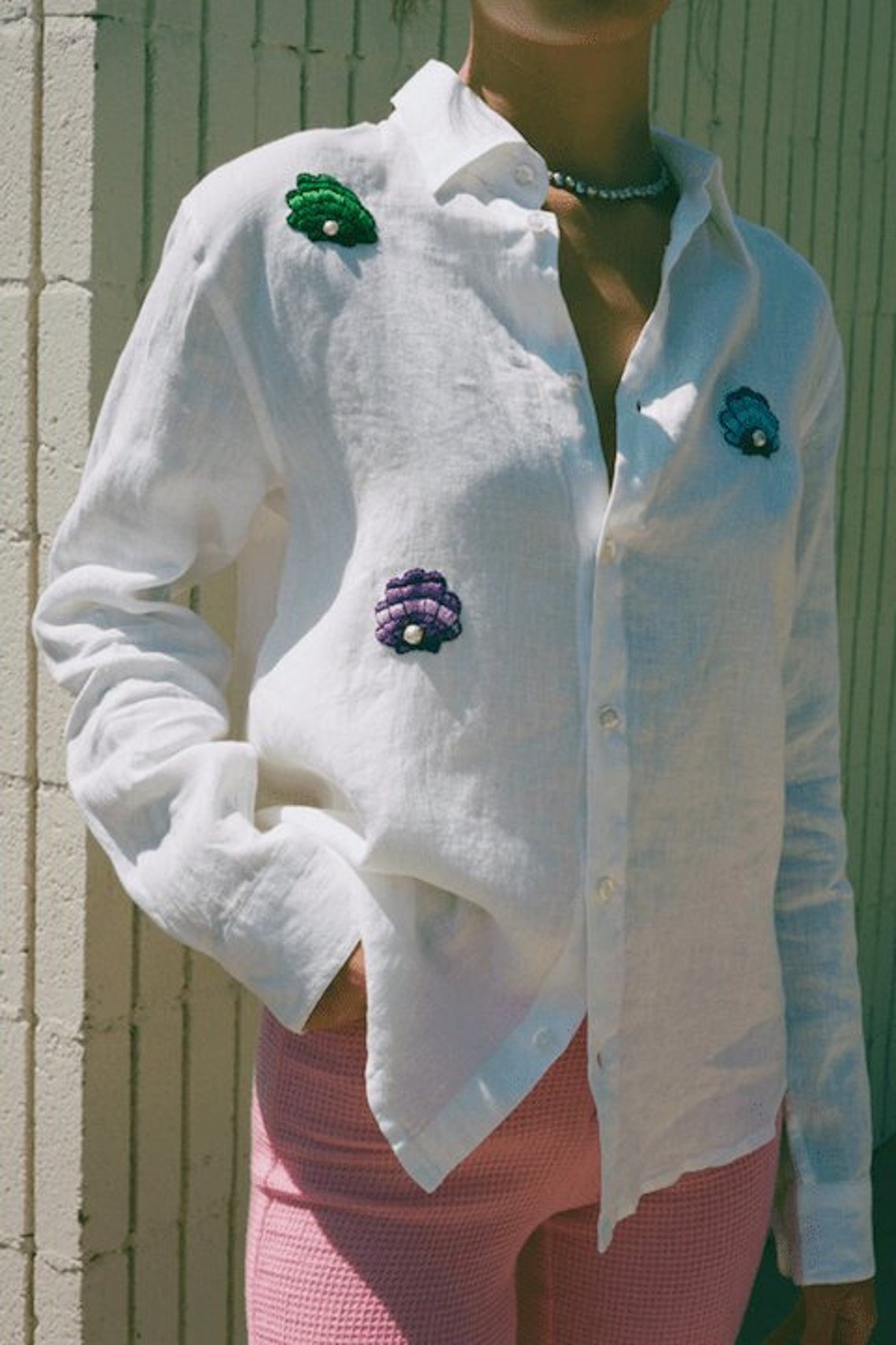 Hand Embroidered Seashells White Linen Shirt, 100% Linen Shirt, Made in ...