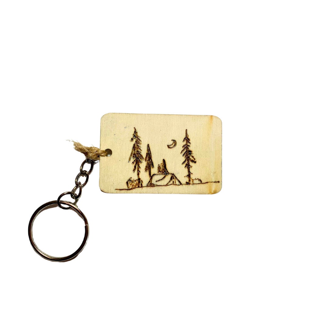 Handmade Wood Burned Forest and Tent Keychain - Etsy
