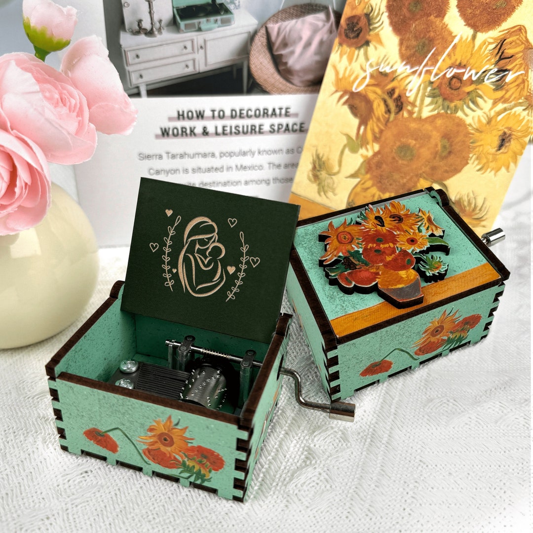 Custom Engraved Hand Cranked Wood Music Box Personalized Sunflower ...