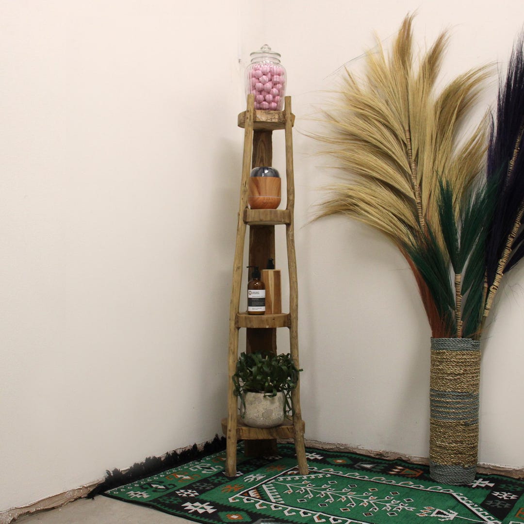 Corner Cabinet With 4 Shelves in Natural Teak and 135 Cm High - Etsy UK