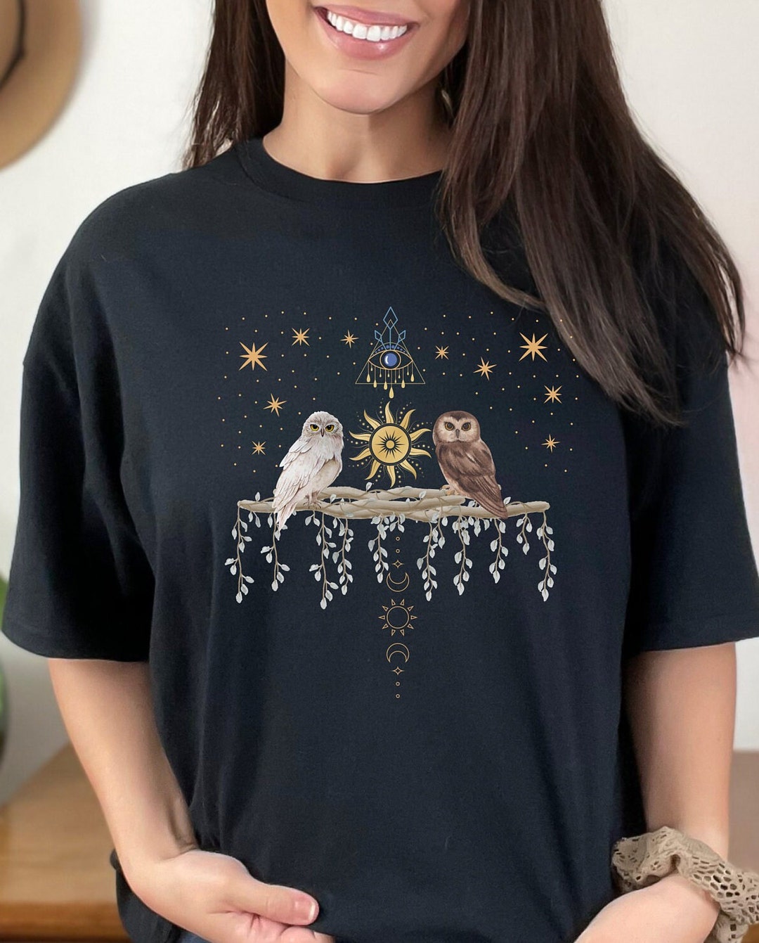 Celestial Owl Tshirt, Witchy Moon, Eye Evil Tshirt, Vintage Owl ...