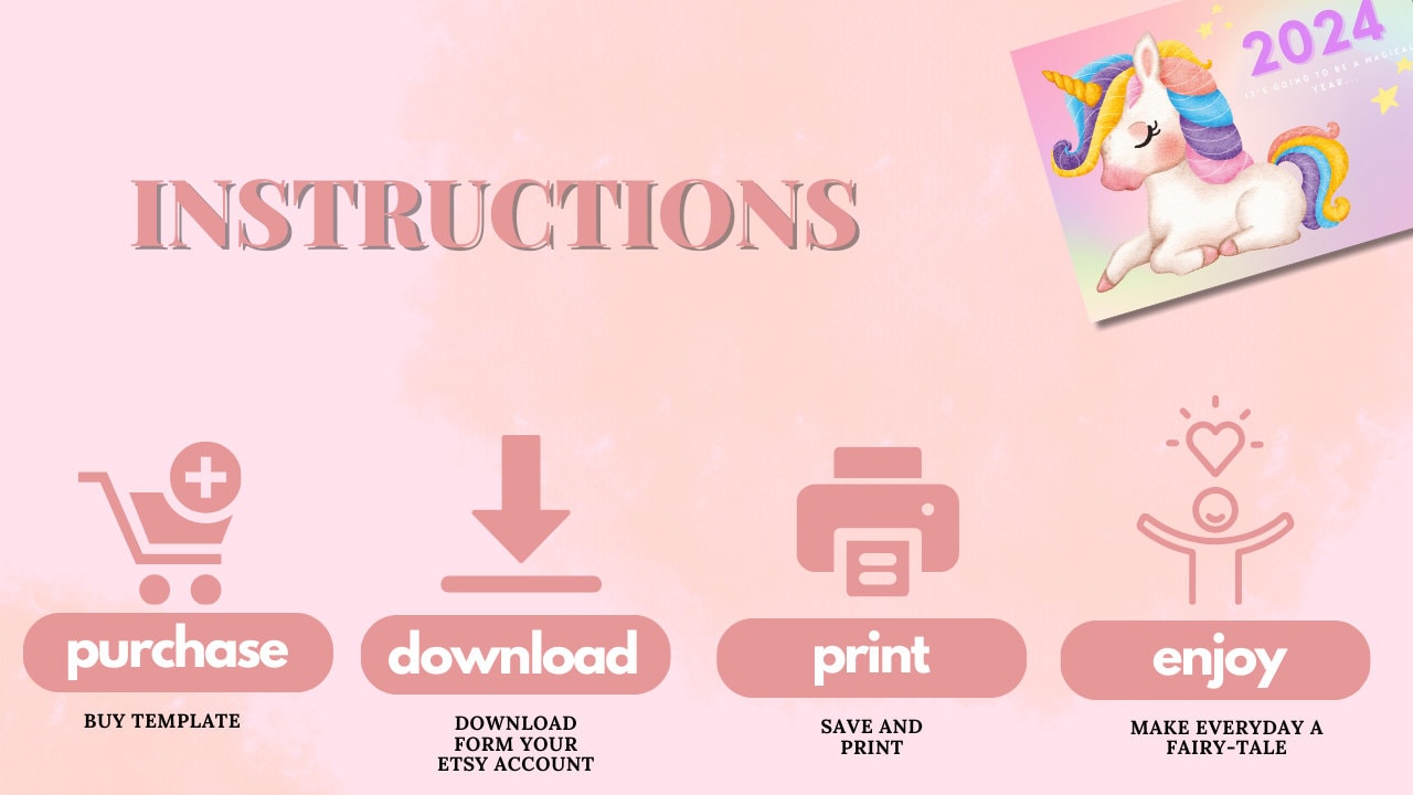 2024 Pink Unicorn Calendar for Kids | Digital Unicorn Calendar ...