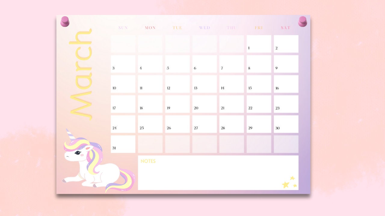 2024 Pink Unicorn Calendar for Kids | Digital Unicorn Calendar ...