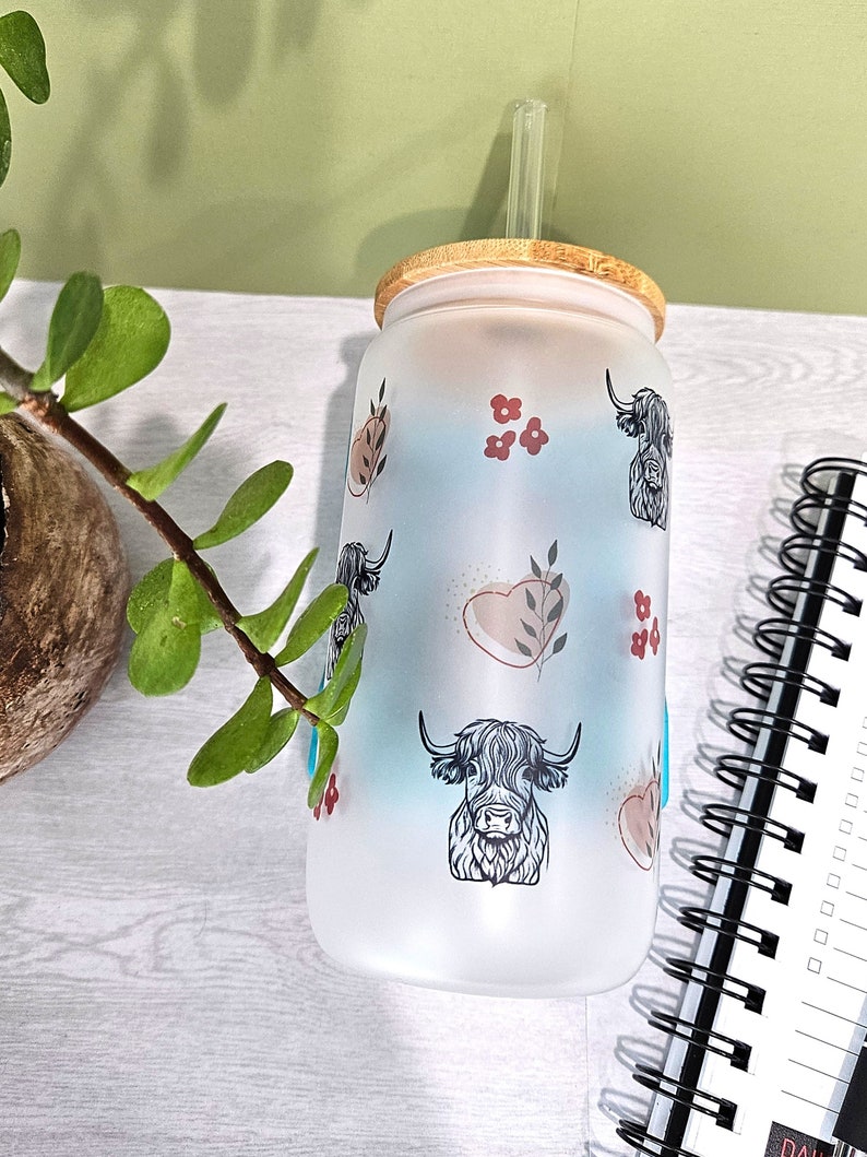 Personalized Boho Highland Cow Cup Glass Tumbler Cow Themed Gift Gift ...