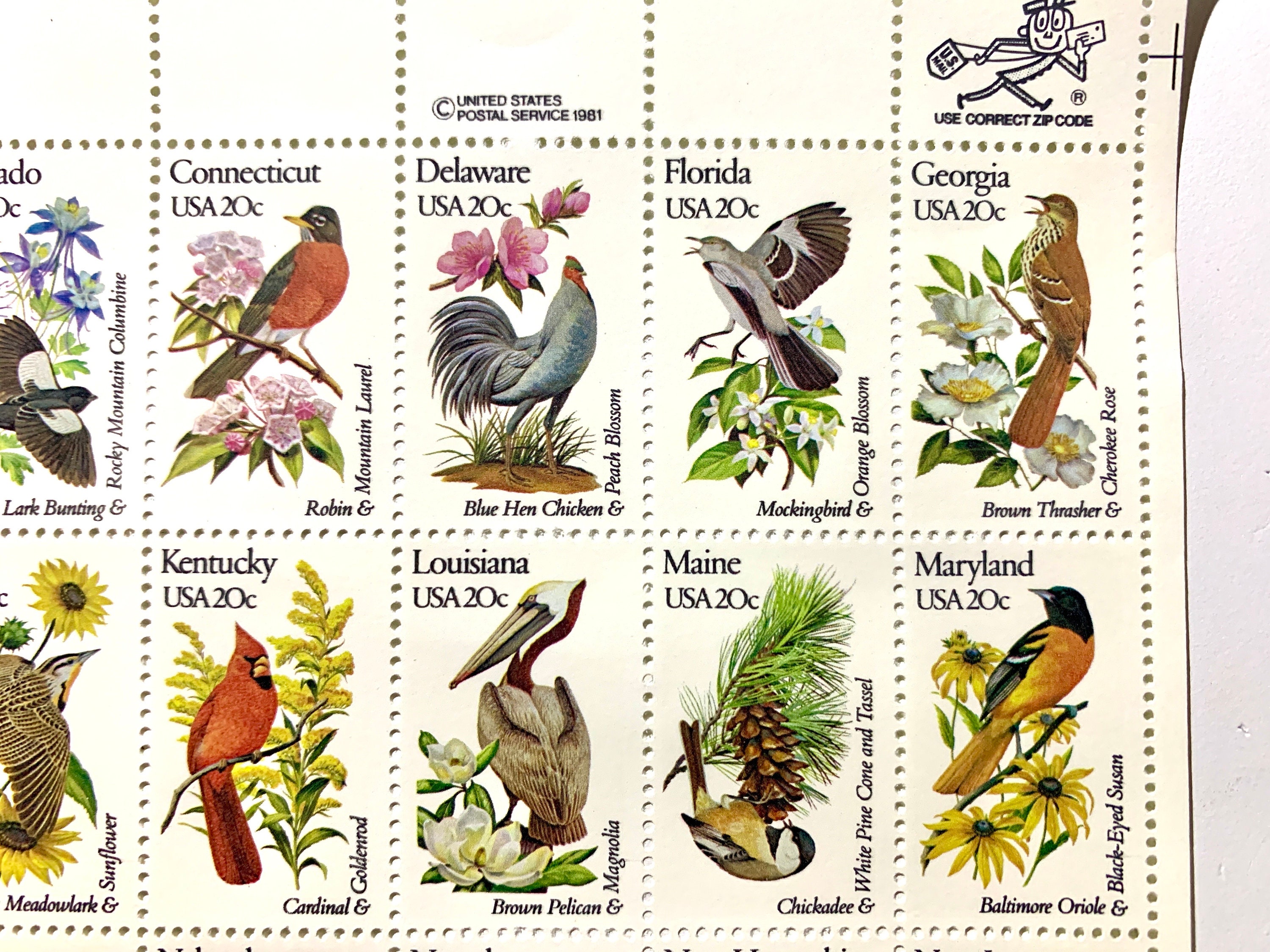 1982 State Birds and Flowers 20-cent Stamps Full Pane U.S. Stamp 1953 ...