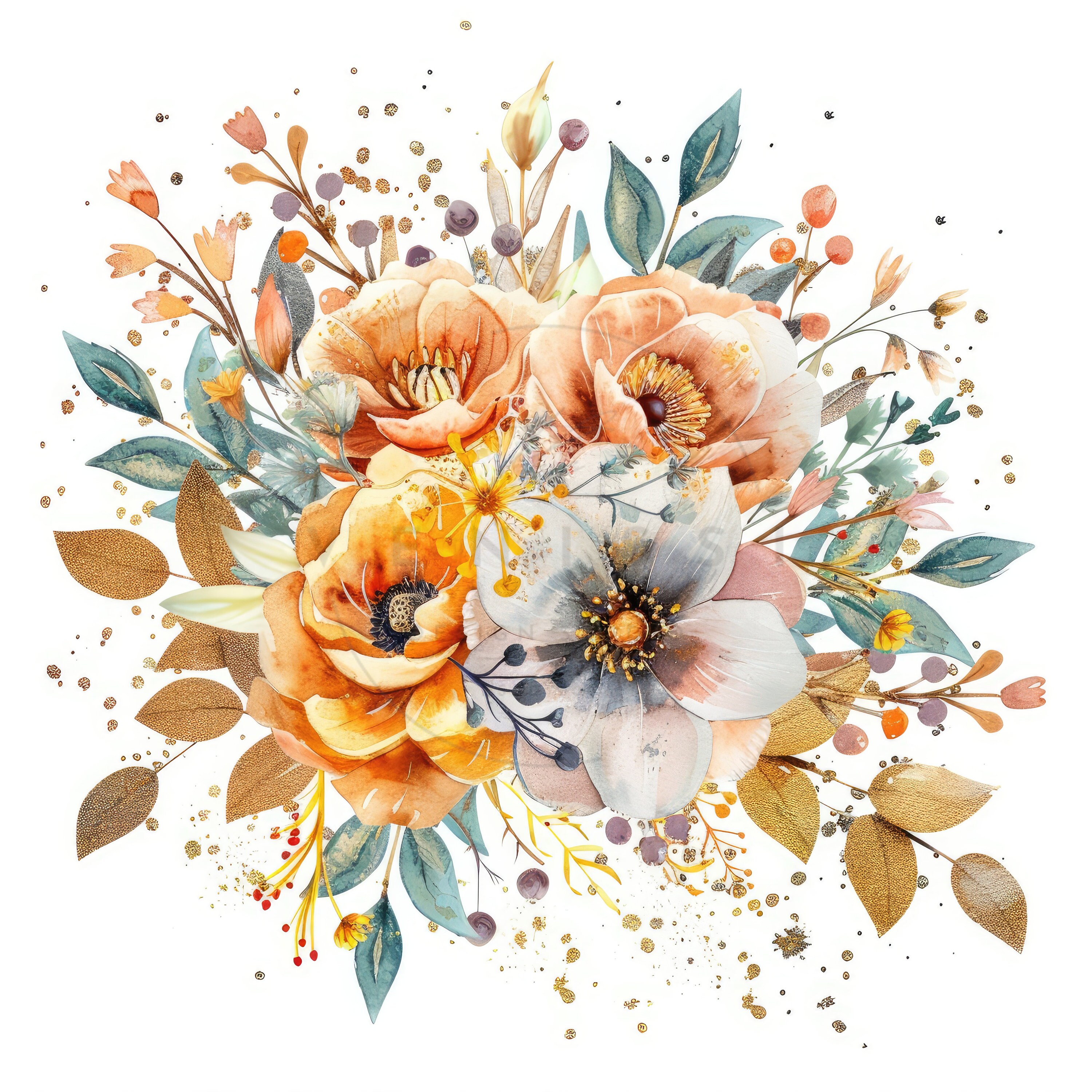 10 Spring Boho Flowers Bouquet Golden Glitter Clipart, Flowers Clip Art ...