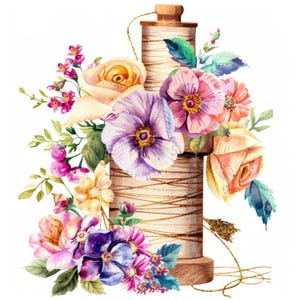 15 Vintage Spool of Thread With Flowers Clipart, Watercolor Floral ...