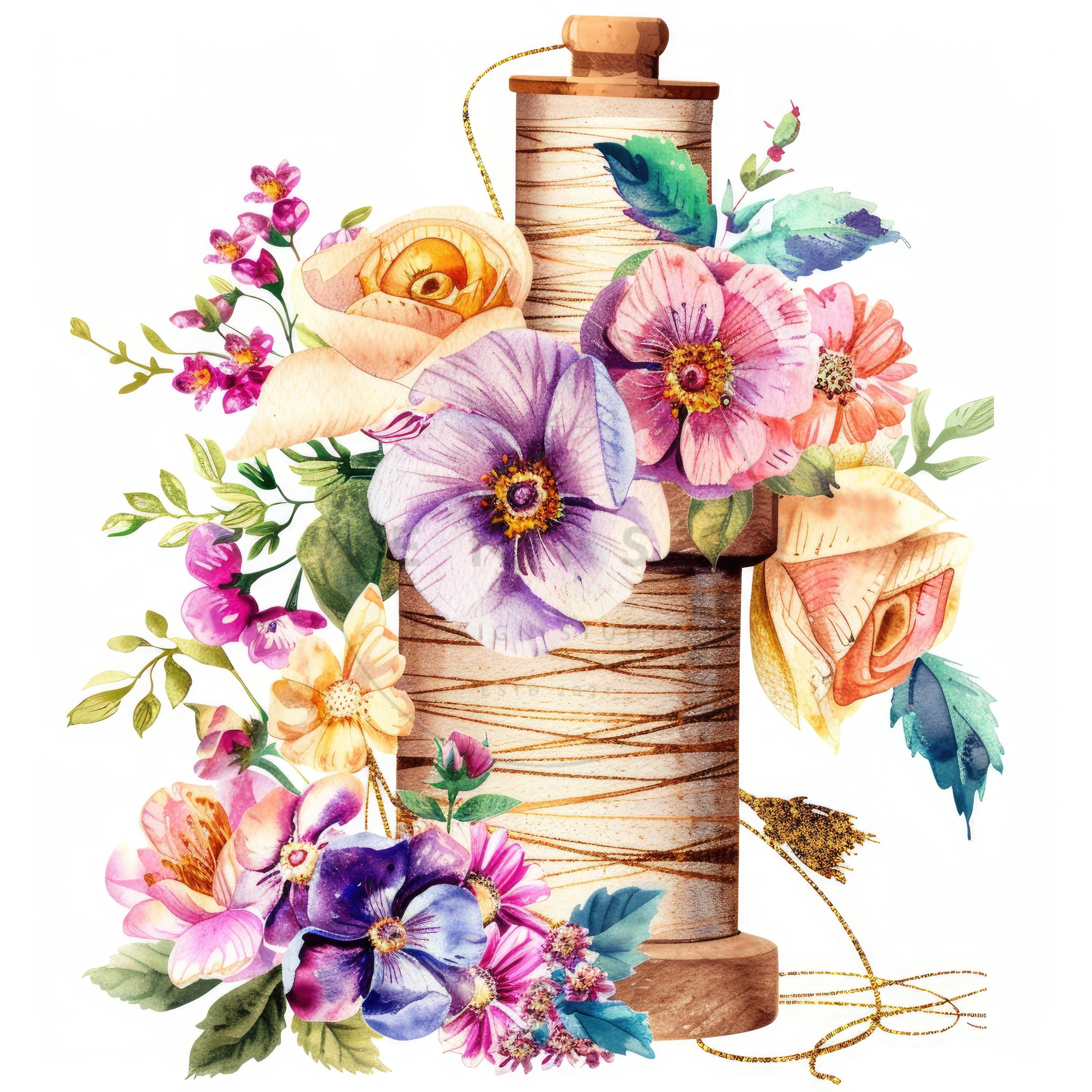 15 Vintage Spool of Thread With Flowers Clipart, Watercolor Floral ...