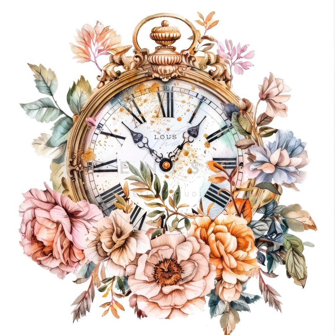 16 Vintage Floral Clock Clipart, Watercolor Floral Clock Clipart ...