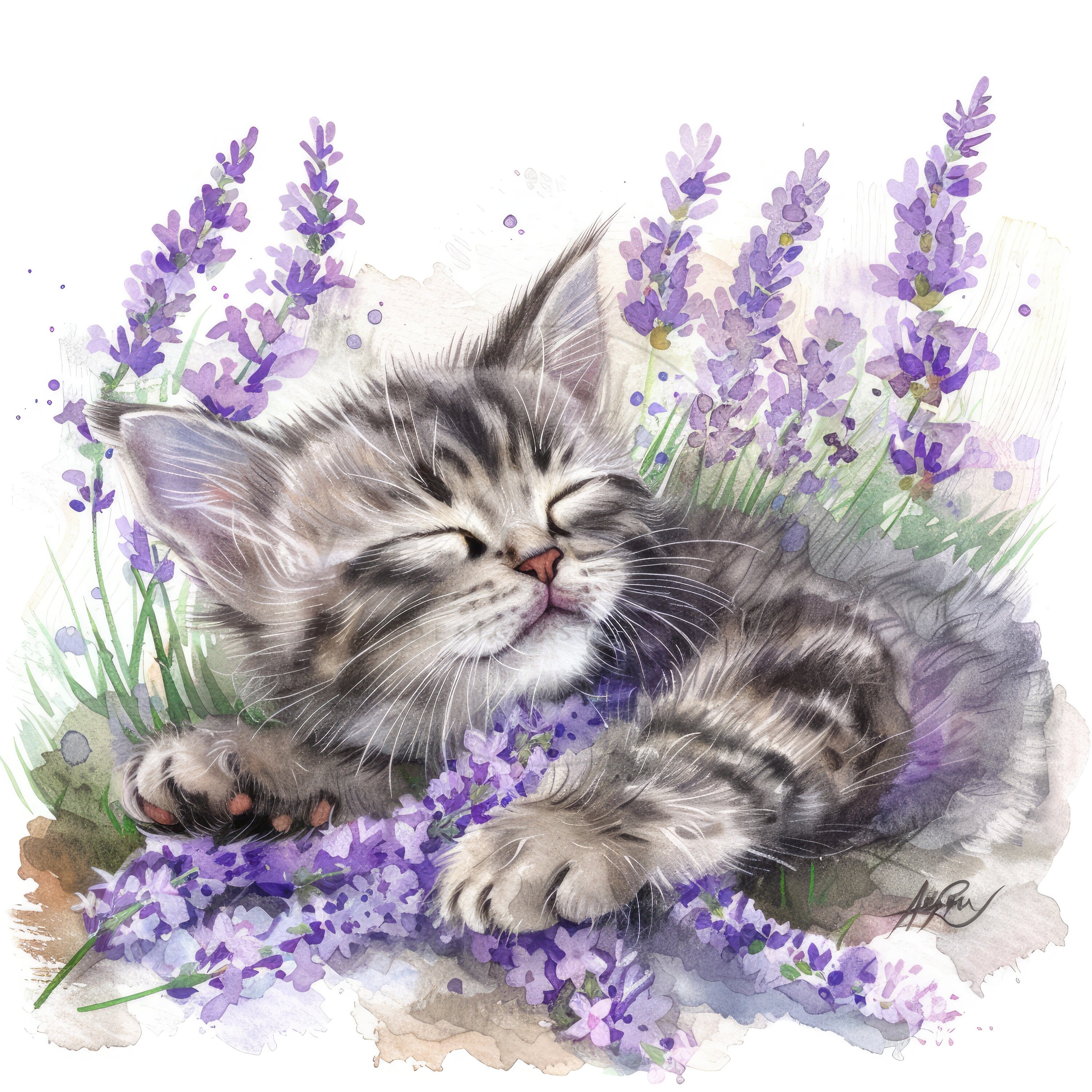 15 Cat With Lavender Clipart, Cat and Flowers Clipart, Printable ...