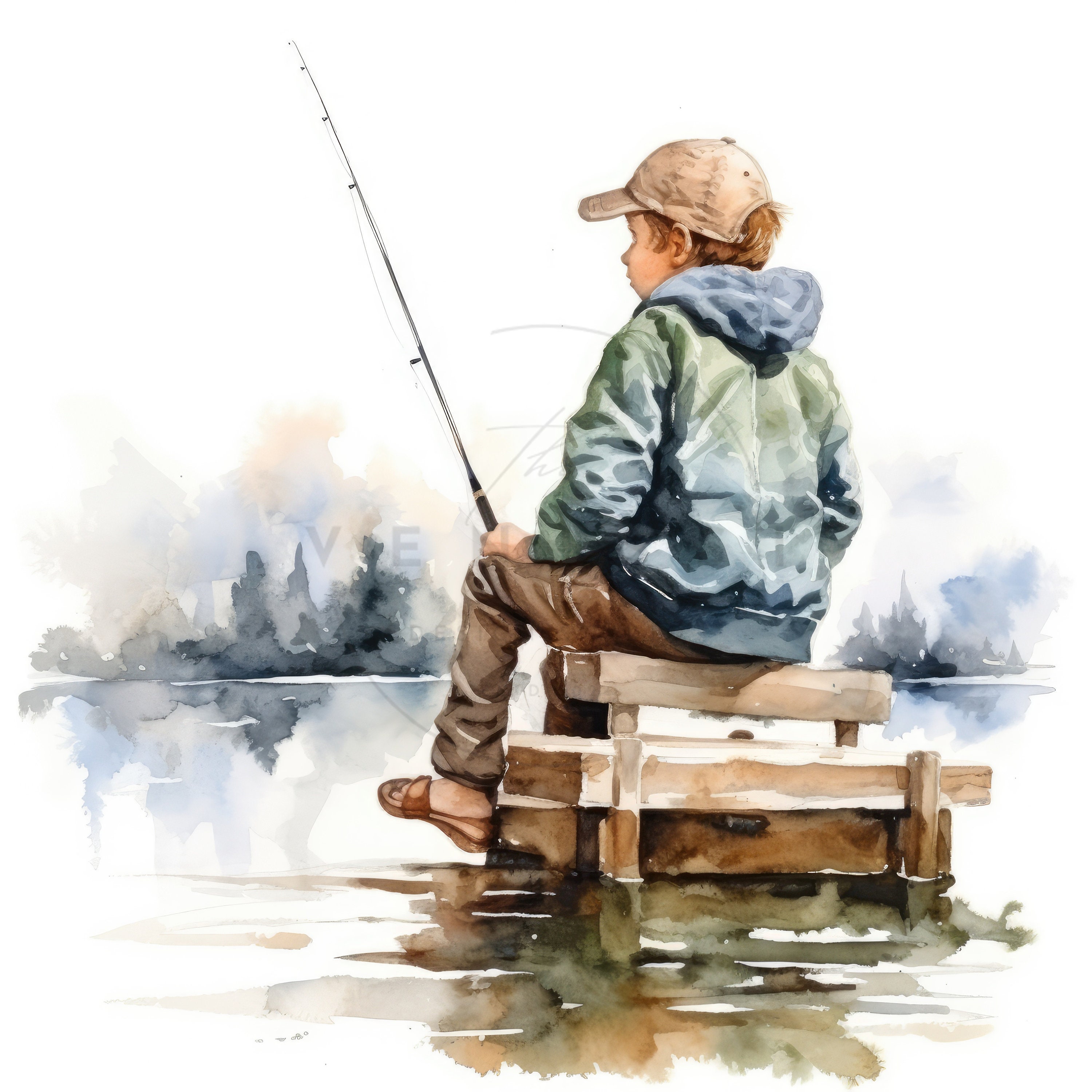 16 Boy Fishing Clipart, Watercolor Fisherman Kid Clipart, Printable ...