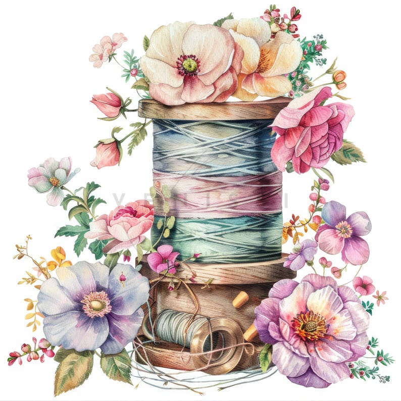 15 Vintage Spool of Thread With Flowers Clipart, Watercolor Floral ...