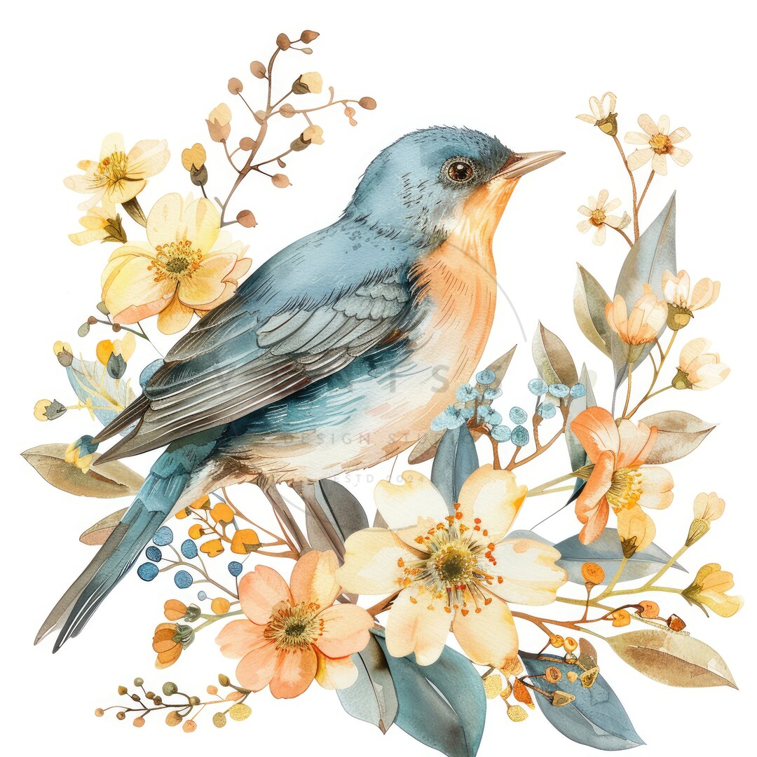 11 Vintage Bird in Flowers Clipart, Watercolor Floral Bird Clipart ...