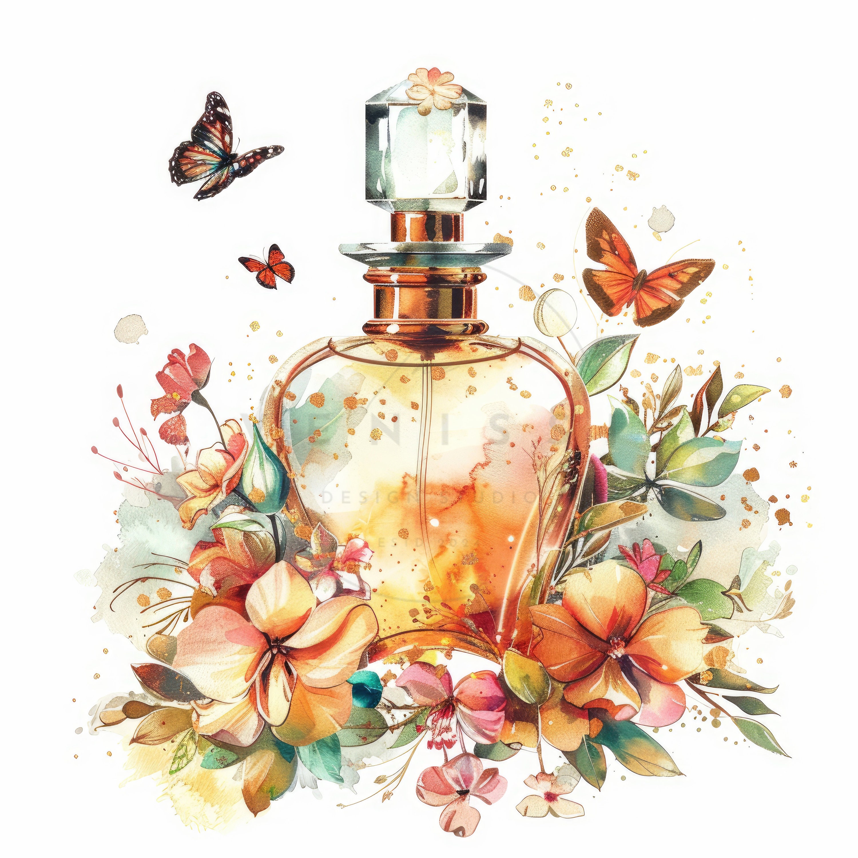12 Watercolor Bottle of Perfume With Roses and Butterflies Clipart ...