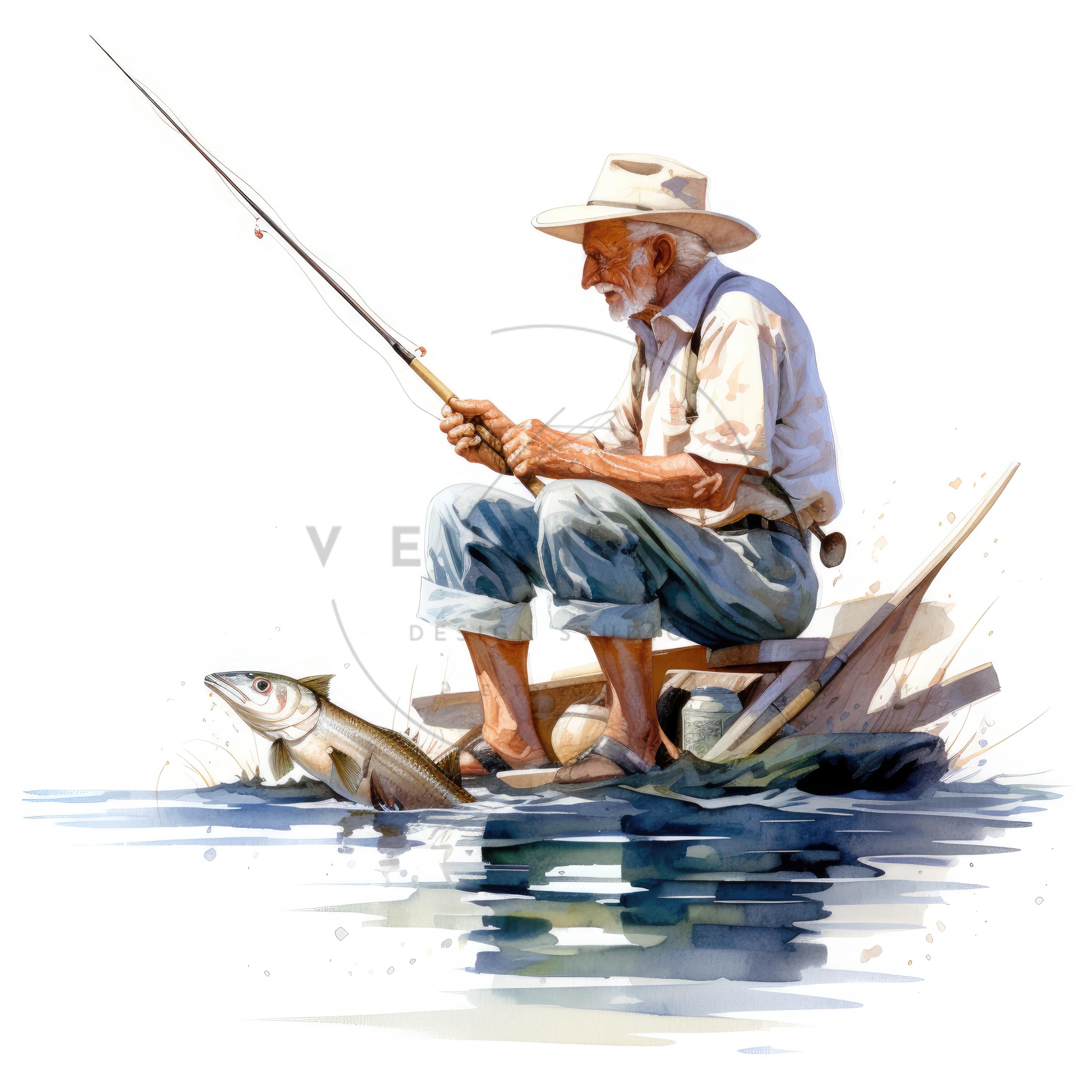 8 Old Man Fishing Clipart, Watercolor Man Fishing Clipart, Printable ...