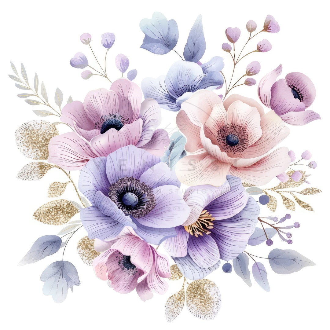 12 Spring Flowers With Golden Glitter Clipart, Watercolor Flowers ...