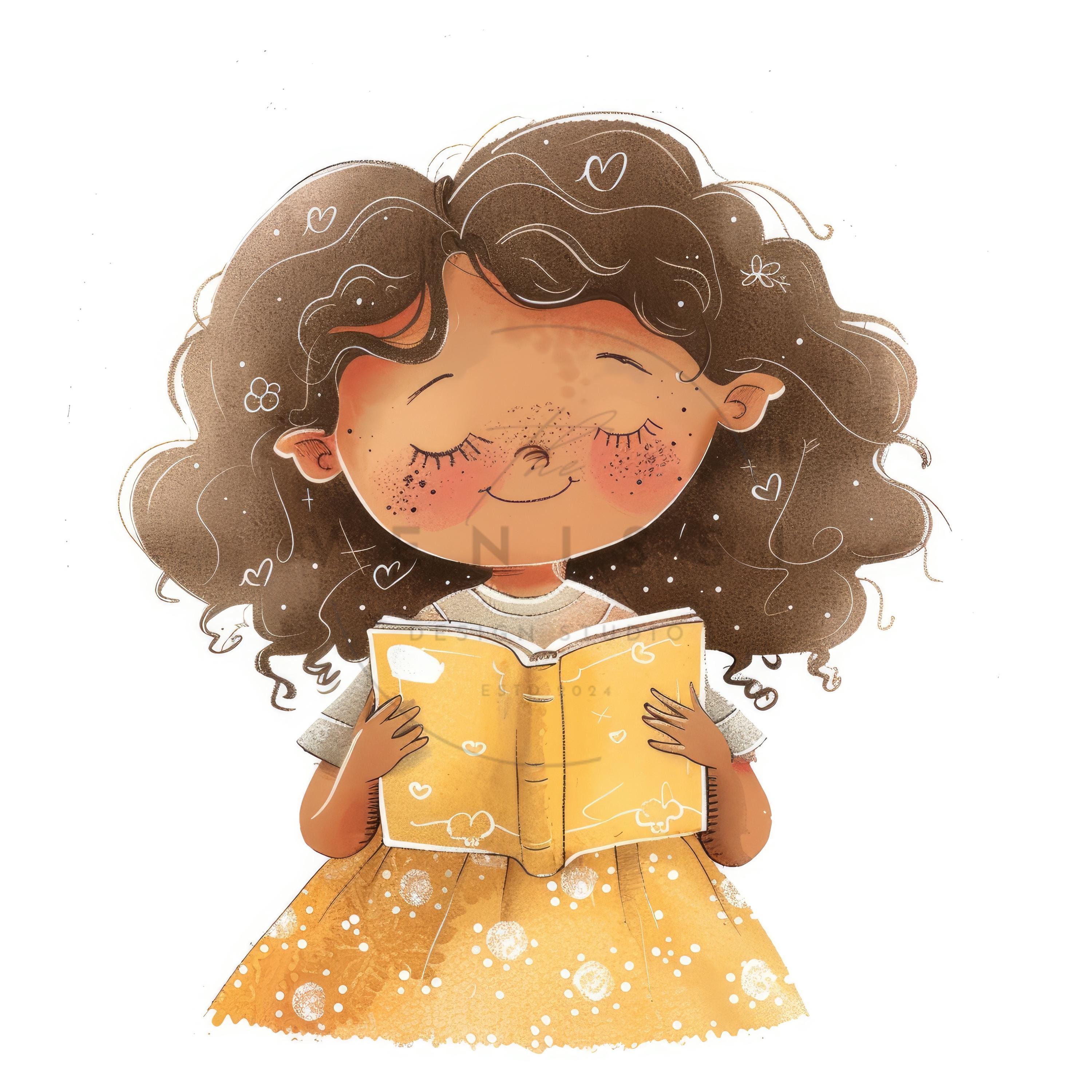 16 Girl Reading Book Clipart, Watercolor Children and Book Clipart ...