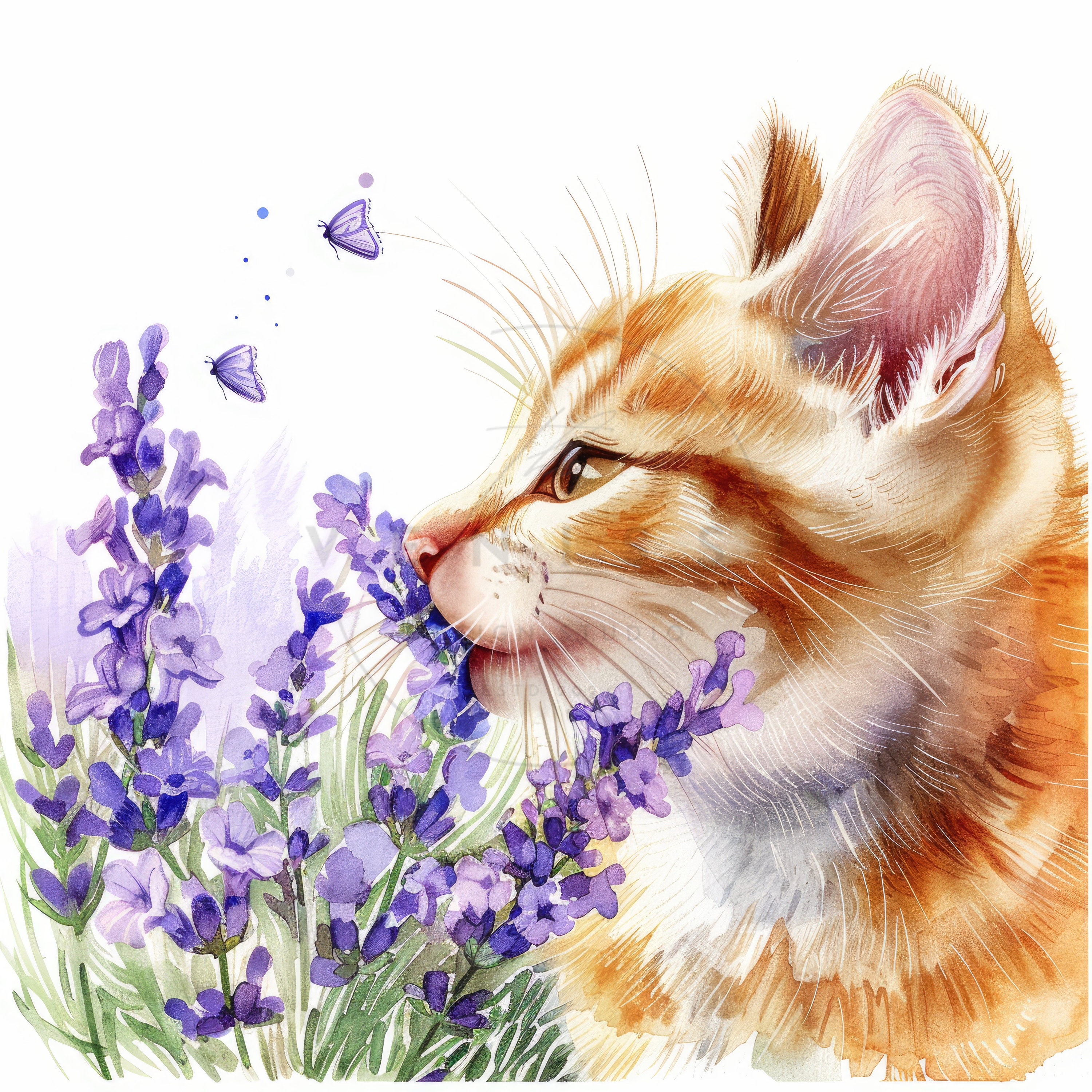 15 Cat With Lavender Clipart, Cat and Flowers Clipart, Printable ...