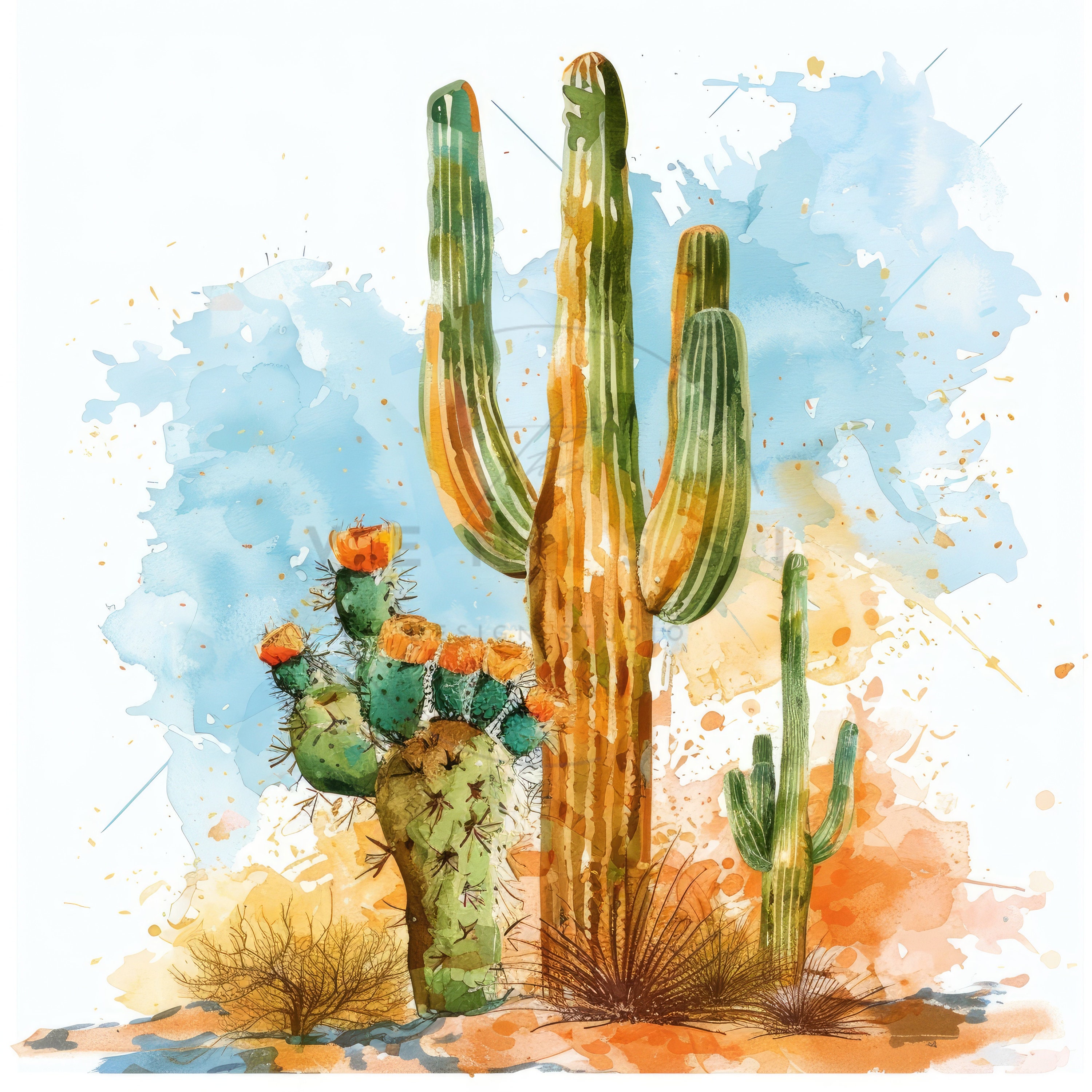 12 Watercolor Cactus in Desert Landscape Clipart Set, Desert Plant ...