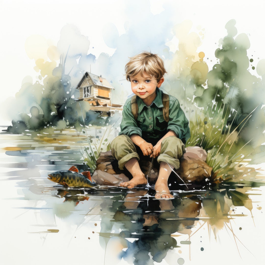 16 Boy Fishing Clipart, Watercolor Fisherman Kid Clipart, Printable ...