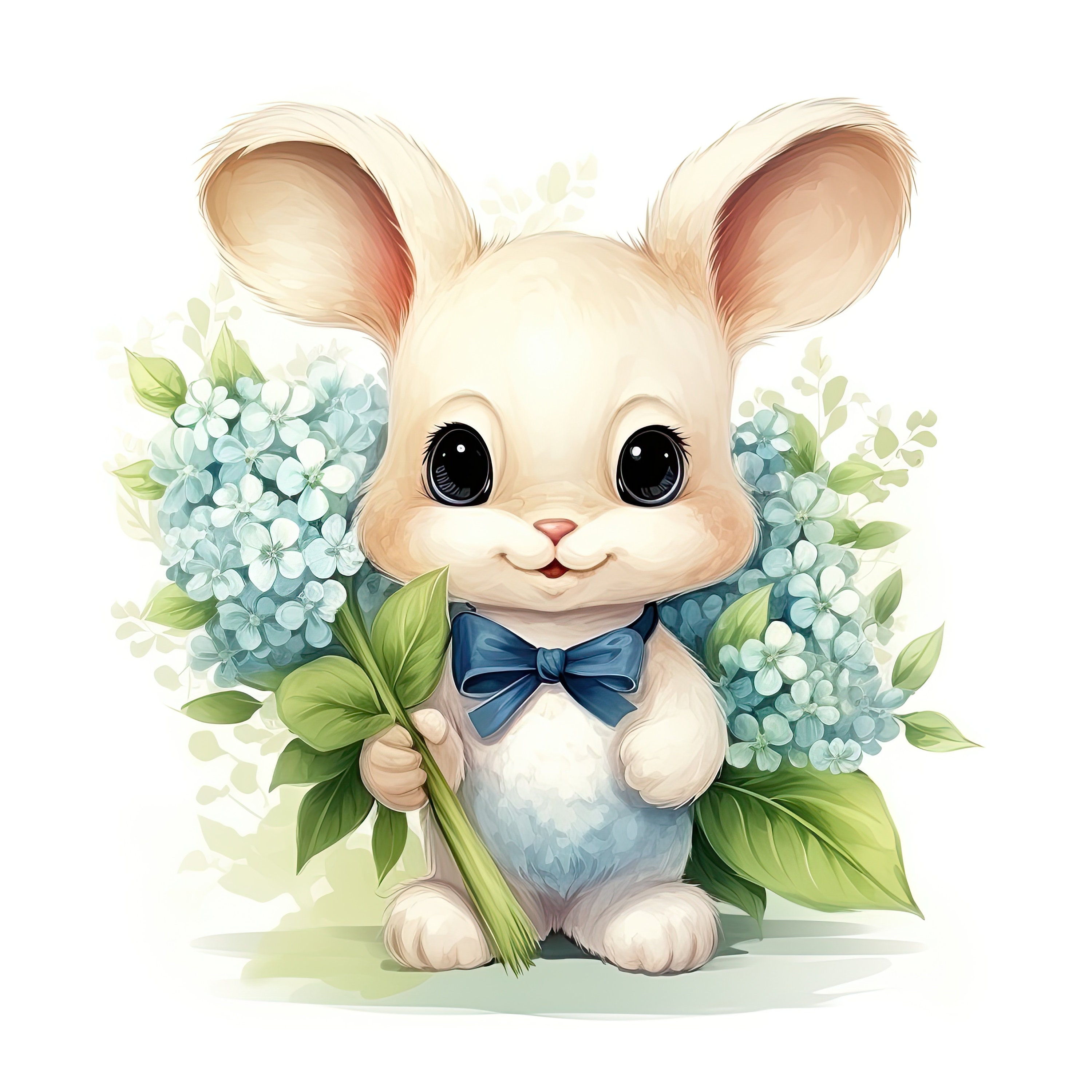 20 Easter Bunny Cute Hydrangeas Clipart, Jpgs Bunny Blue Watercolor ...