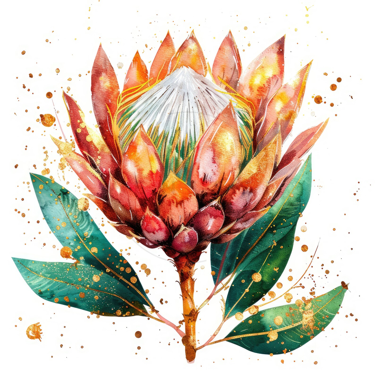12 Watercolor Protea Flower With Golden Glitter Clipart Bundle, High ...