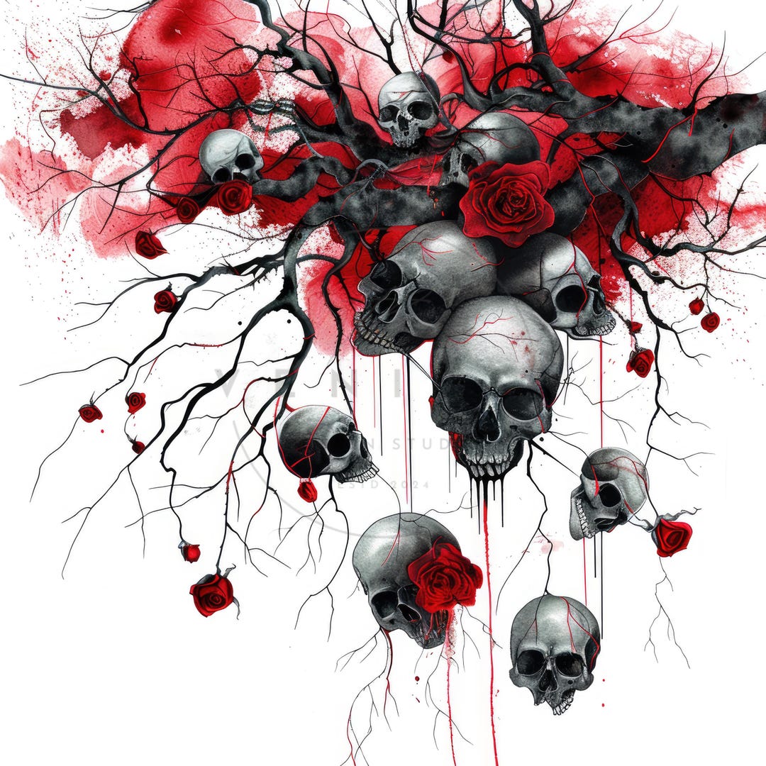 14 Gothic Bloody Tree With Skulls Clipart, Watercolor Skull Tree ...