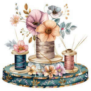 15 Vintage Spool of Thread With Flowers Clipart, Watercolor Floral ...