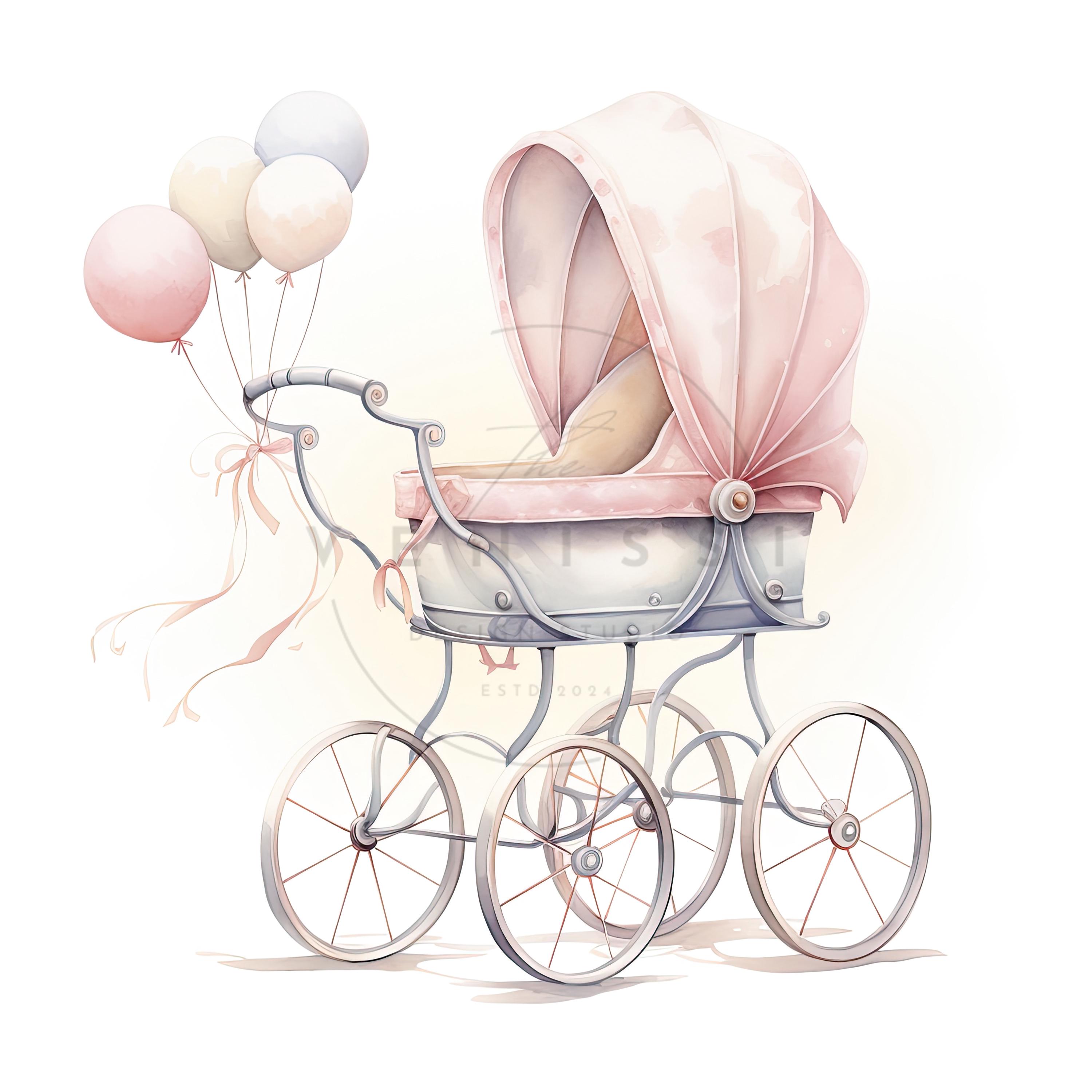 13 Vintage Baby Carriage Clipart, Watercolor Stroller Baby Clipart ...