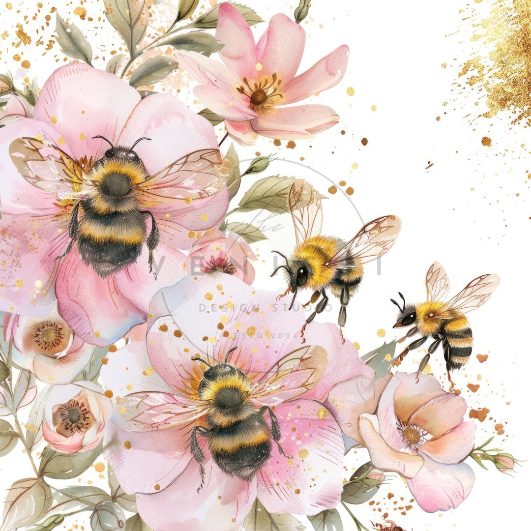 12 Bees in Flowers With Golden Glitter Clipart, Watercolor Bee Clipart ...