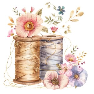 18 Spools of Thread With Flowers Clipart, Watercolor Floral Spool of ...