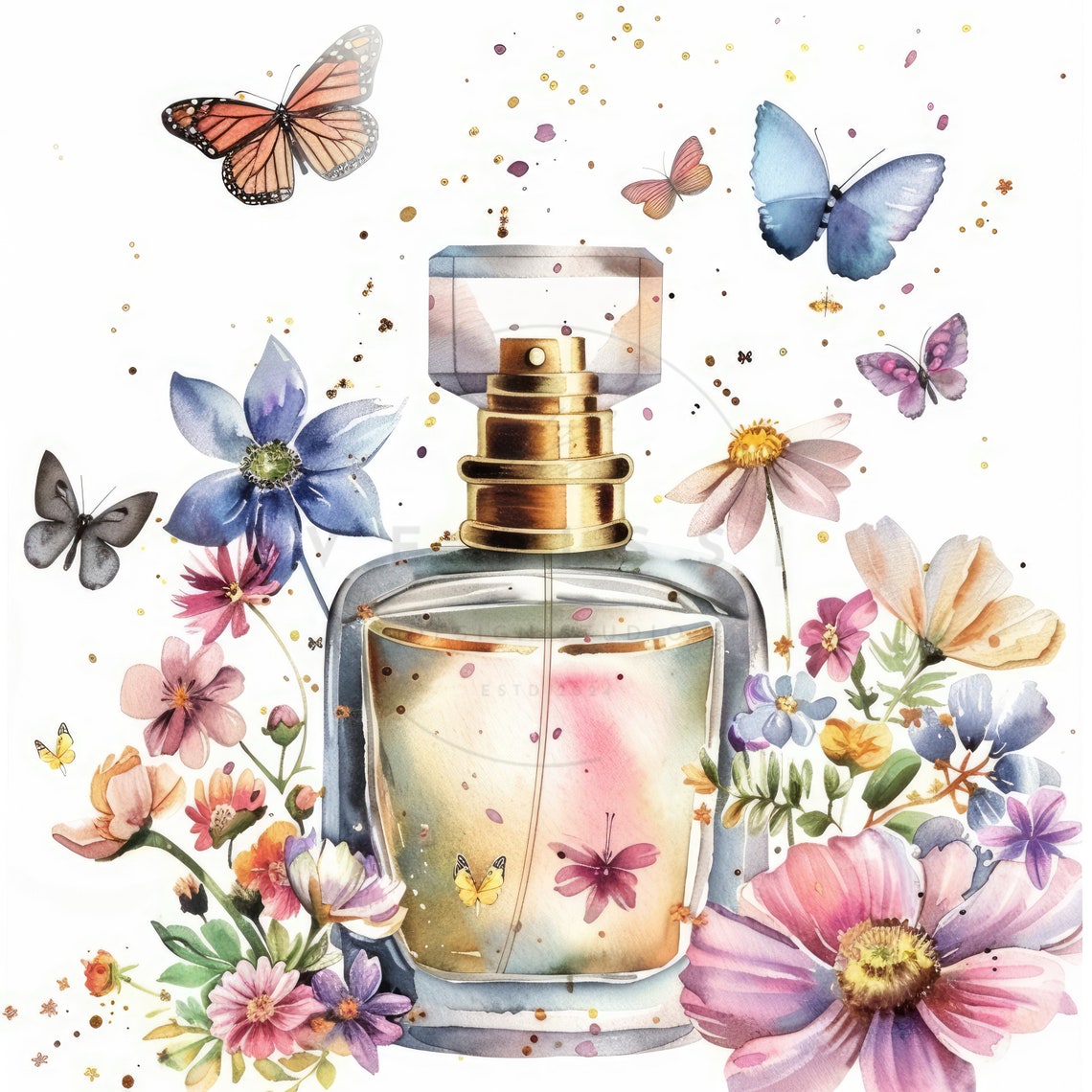 12 Watercolor Bottle of Perfume With Roses and Butterflies Clipart ...