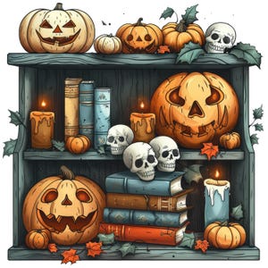 17 Halloween Bookshelf Clipart, Shelf With Pumpkins Books Clipart ...