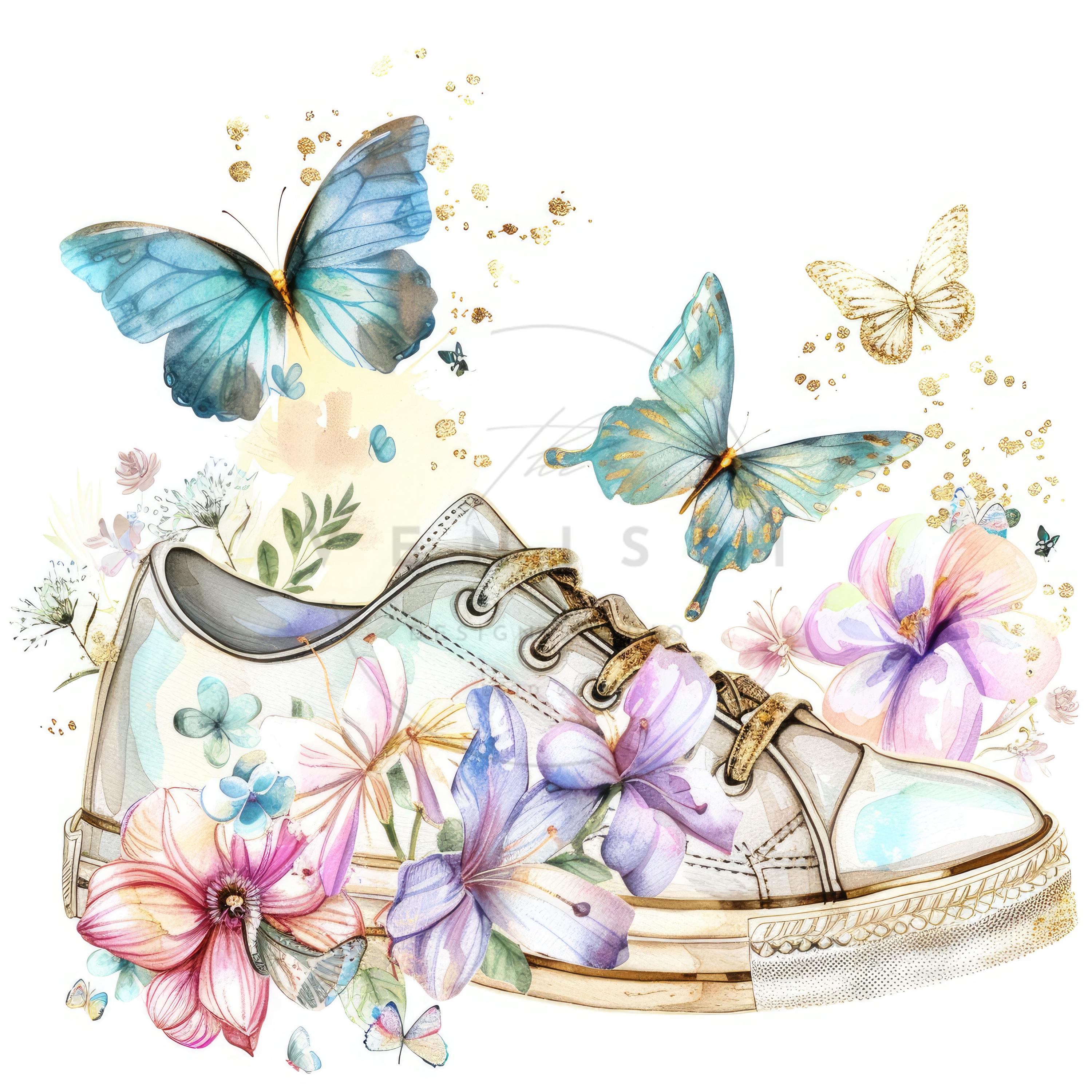 19 Floral Sneakers With Butterflies Clipart, Fashion Shoes Print ...