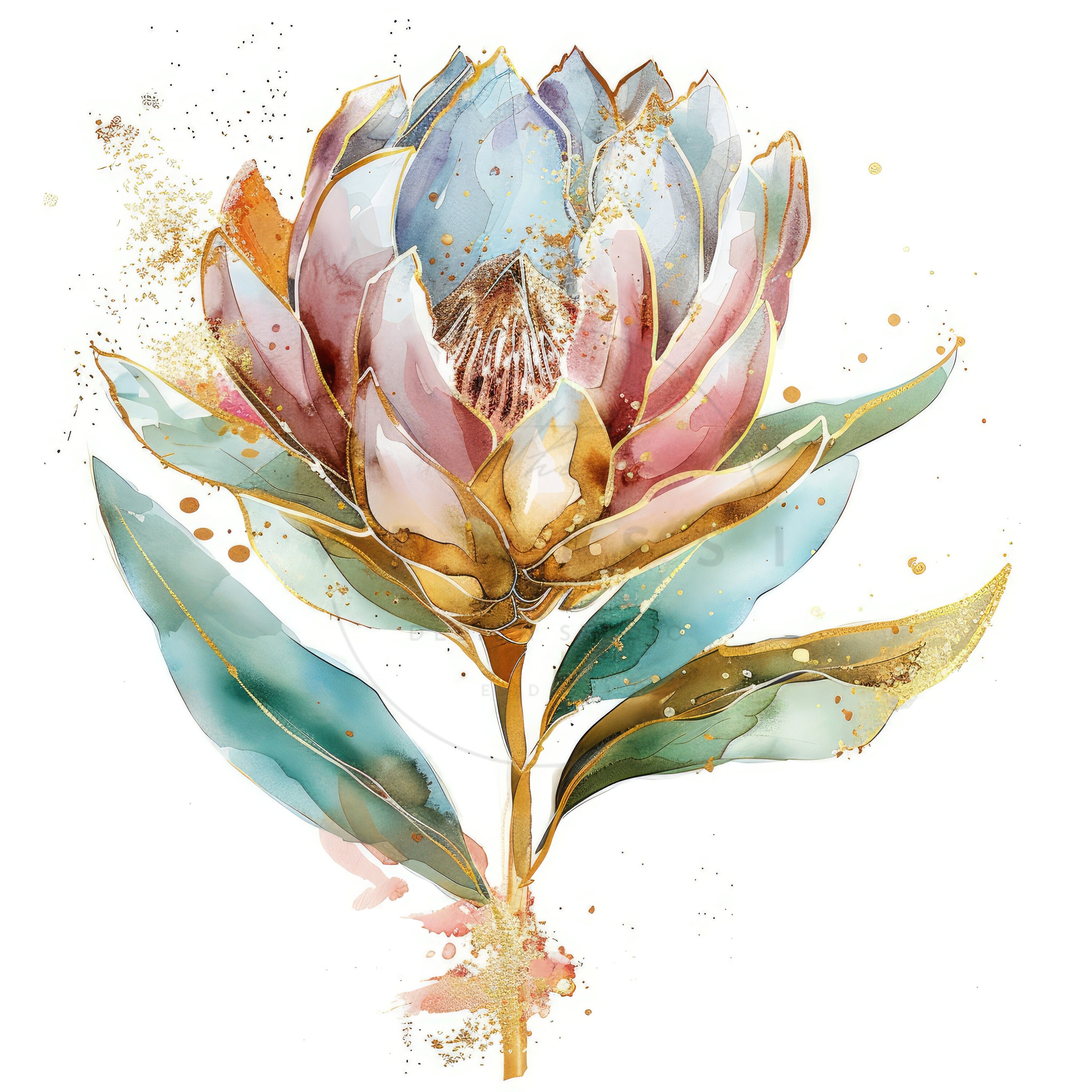 12 Watercolor Protea Flower With Golden Glitter Clipart Bundle, High ...