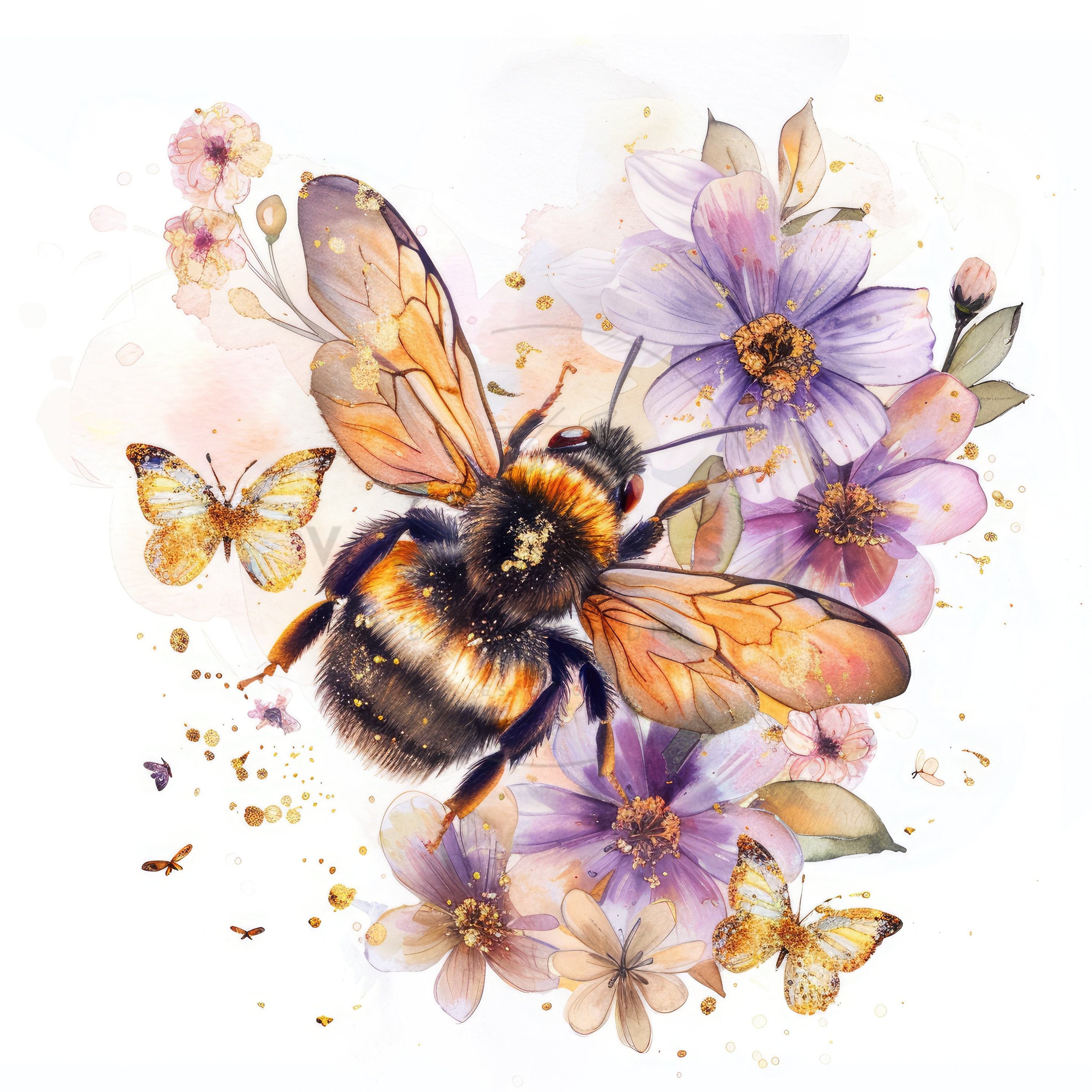 10 Bee in Flowers With Golden Glitter Clipart, Watercolor Bee Clipart ...