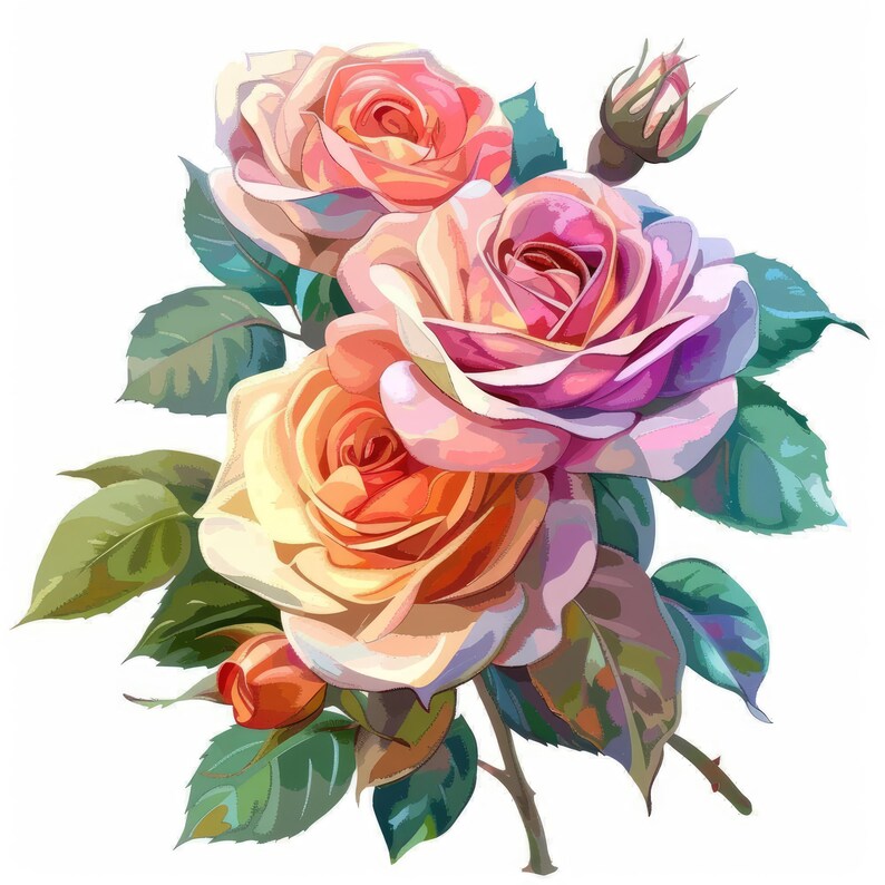 12 Pastel Roses Bouquet Clipart, Watercolor Spring Flowers Clipart ...