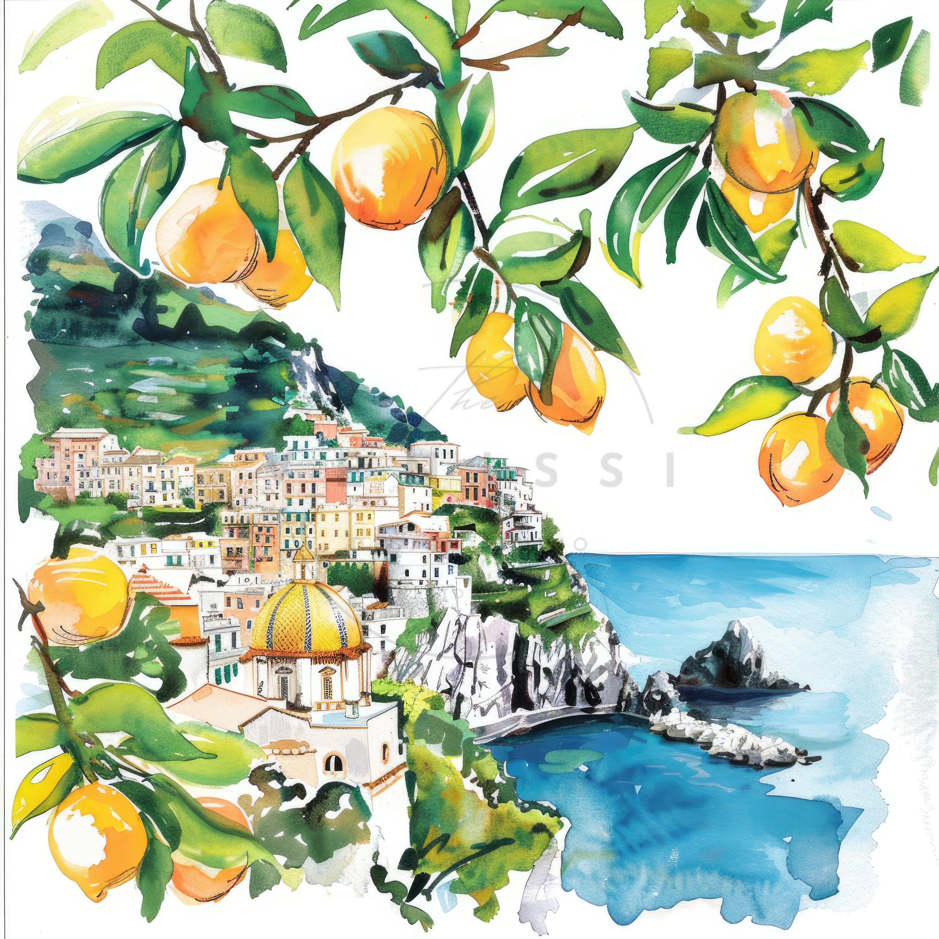 15 Italian Coast Clipart, Watercolor Amalfi Citrus Coast Clip Art ...