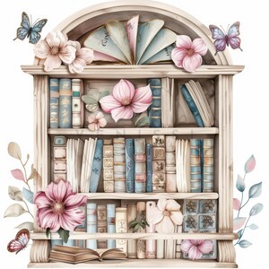 12 Floral Bookshelf Clipart, Watercolor Shelf With Books Clipart ...