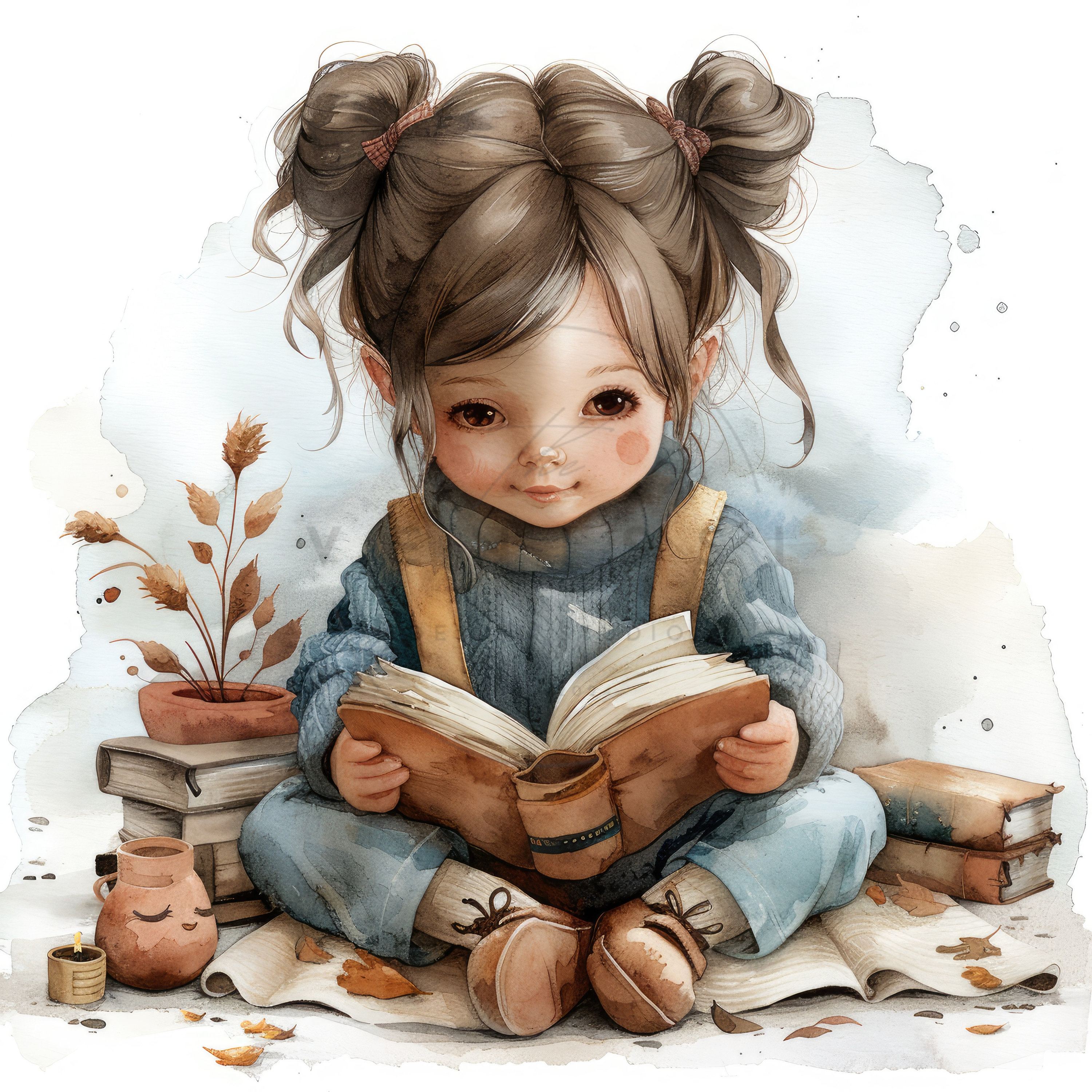 10 Girl Reading Book Clipart, Watercolor Children and Book Clipart ...
