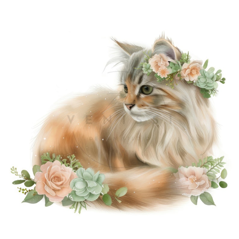 10 Floral Cat Clipart Set, Cute Cat Cliparts, High Quality Jpgs ...