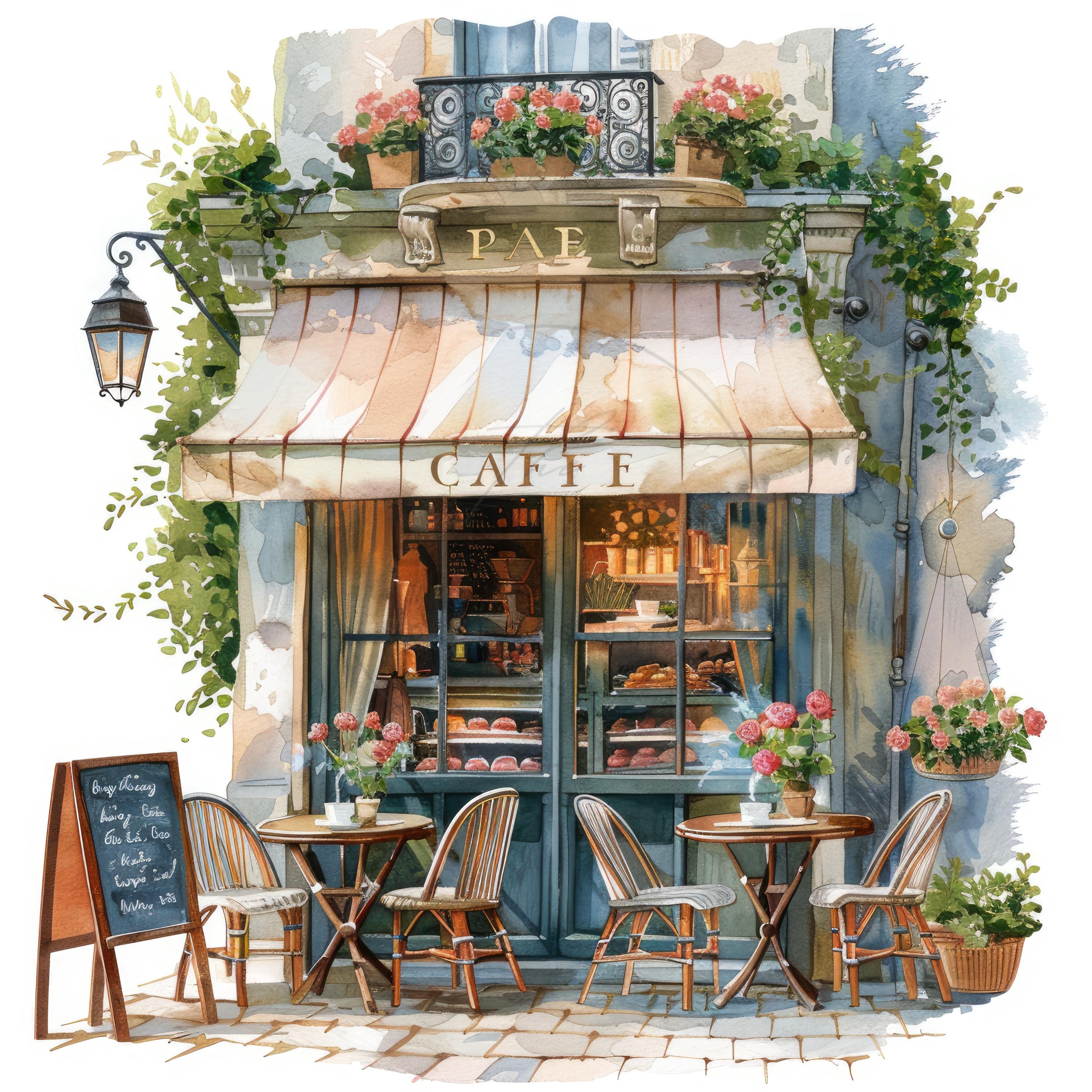 15 Cafe in Paris Clipart, Watercolor French Cityscape Clip Art ...