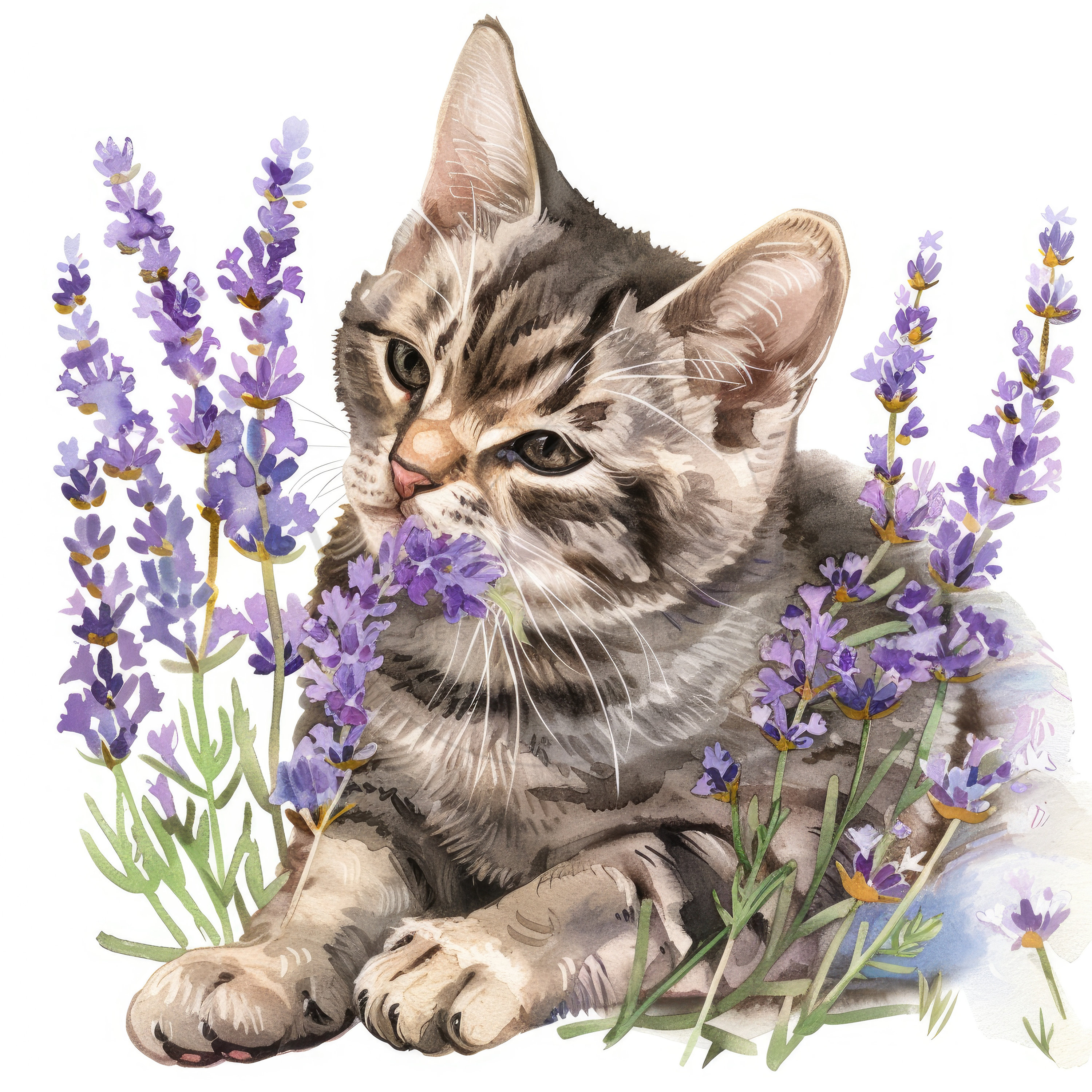 15 Cat With Lavender Clipart, Cat and Flowers Clipart, Printable ...
