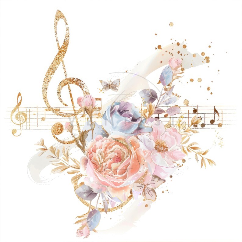 12 Floral Music Notes Clipart, Watercolor Music Clipart, Violin Print ...