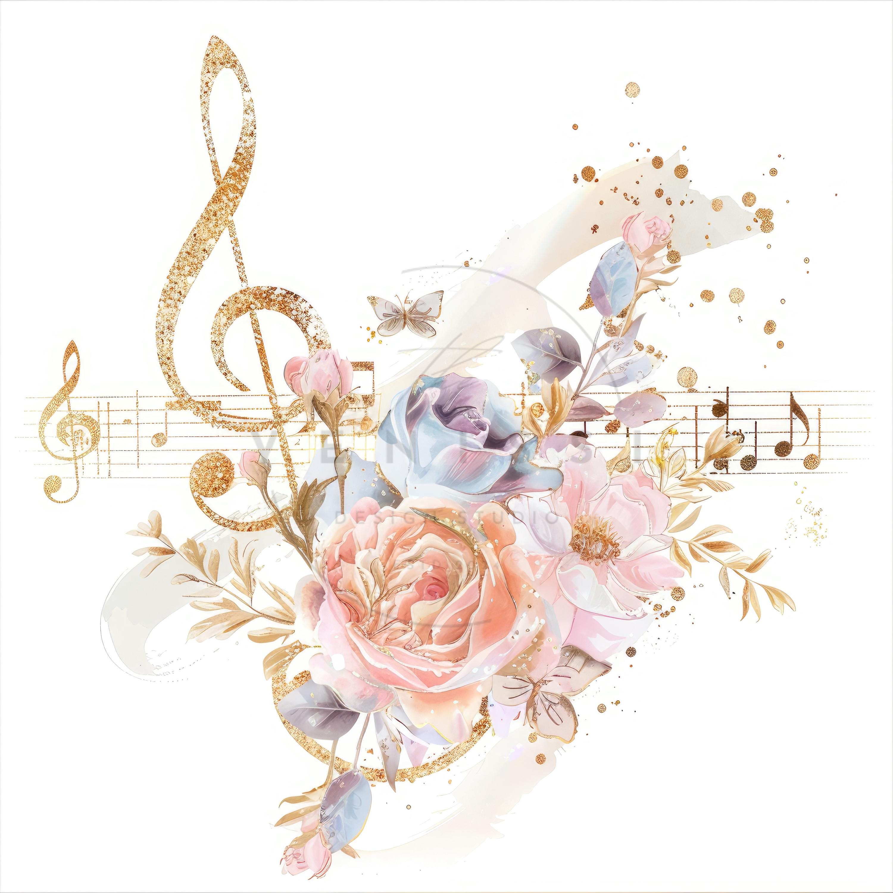 12 Floral Music Notes Clipart, Watercolor Music Clipart, Violin Print ...